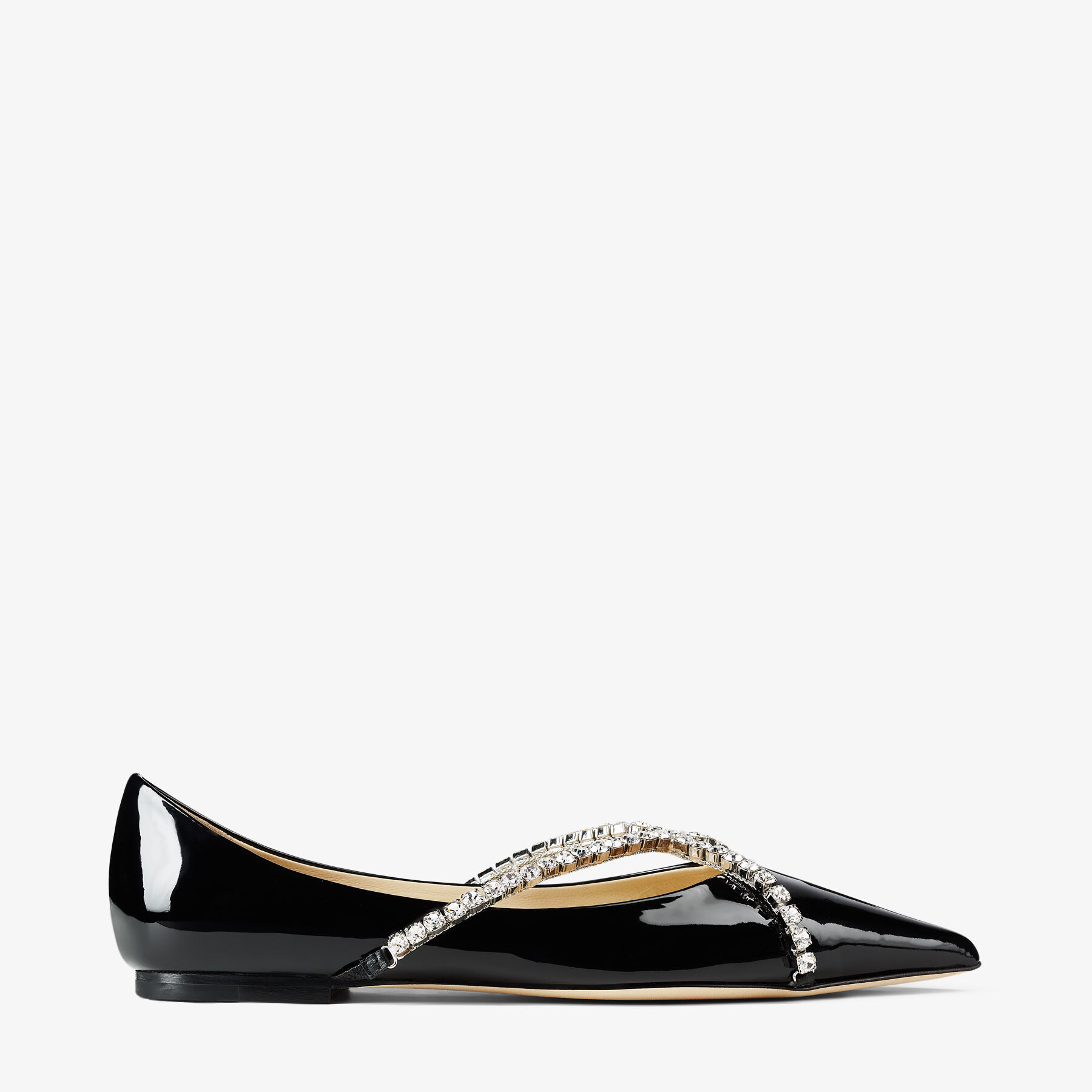 Genevi Flat |Black Patent Leather Pointed-Toe Flats with Crystal Chain ...