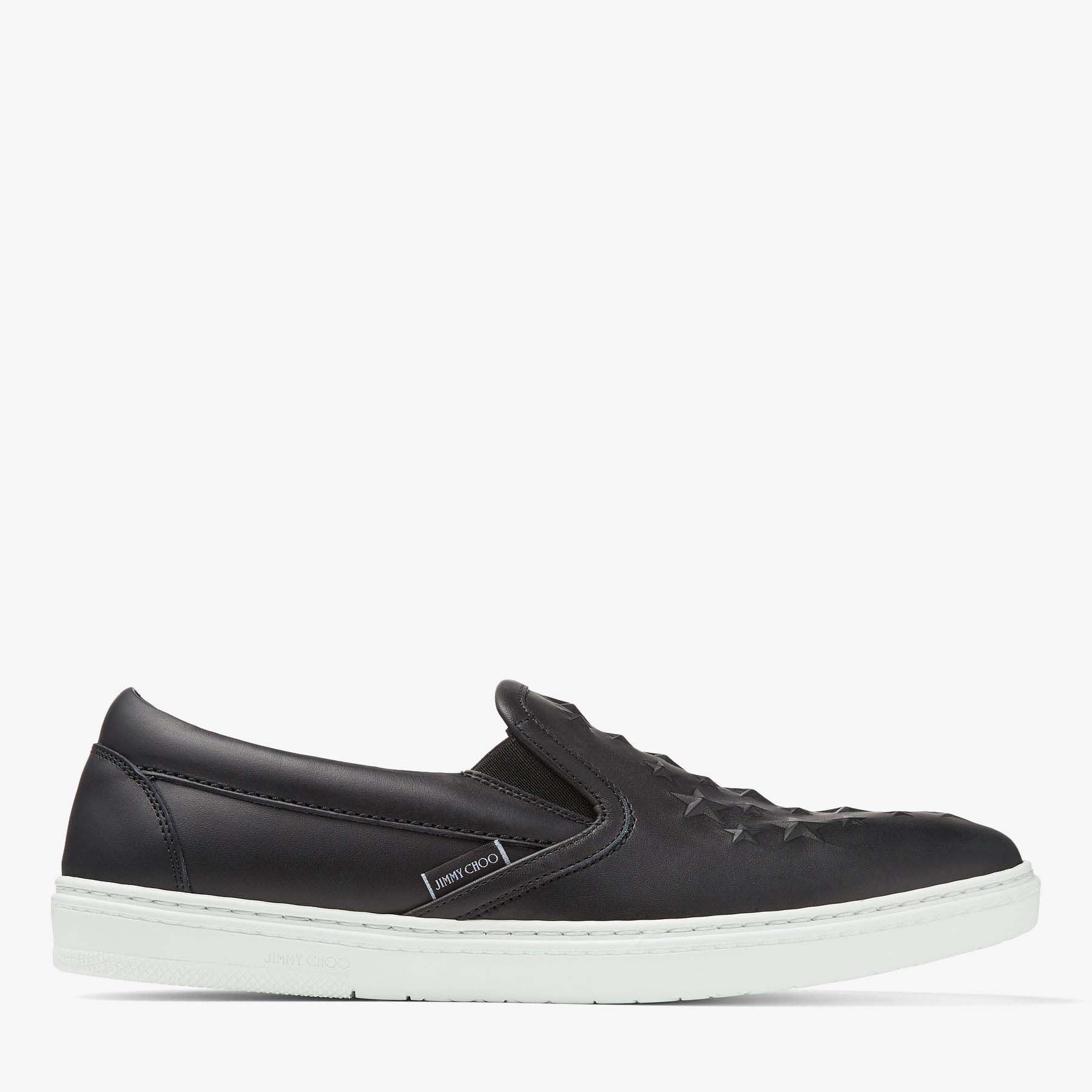 Black Sport Calf Leather Slip On Trainers with Embossed Stars | GROVE ...