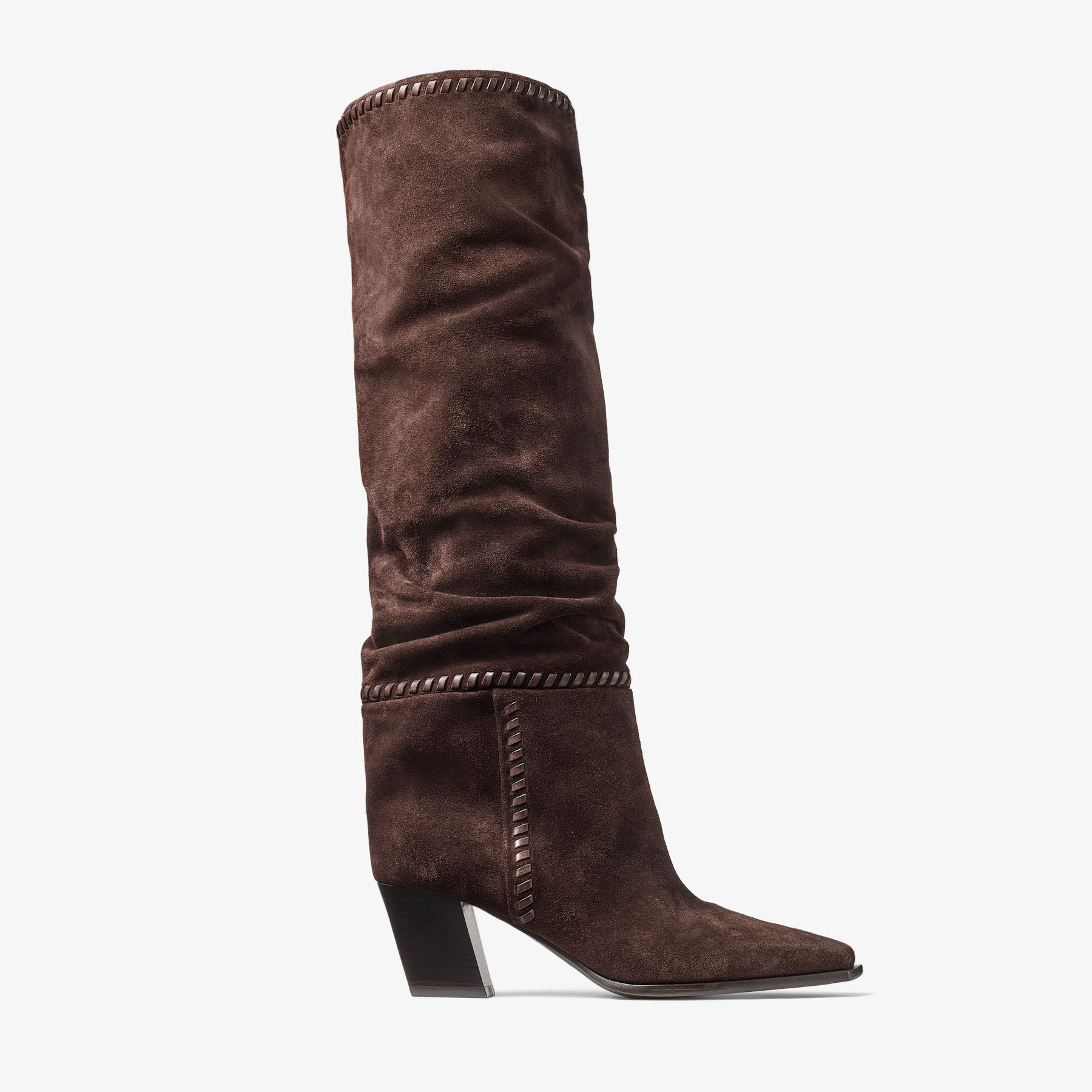Hart Stitch Knee Boot 60 | Chocolate Suede Knee High Boots | JIMMY CHOO