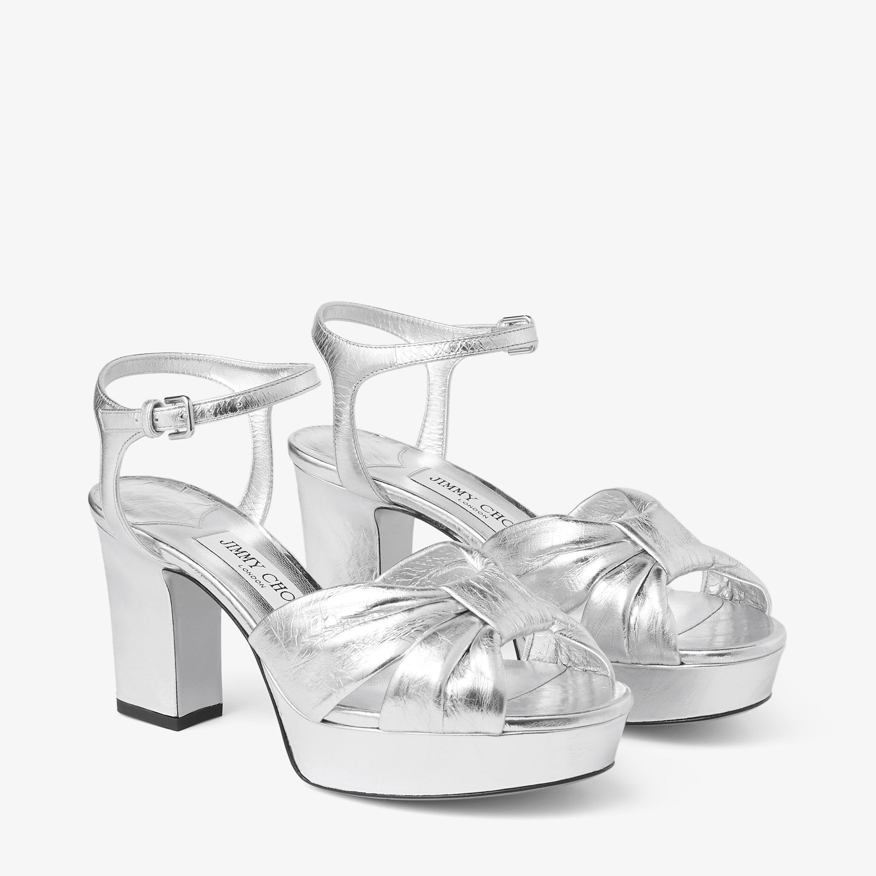 Heloise 80 | Silver Vintage Metallic Leather Platform Sandals | JIMMY CHOO