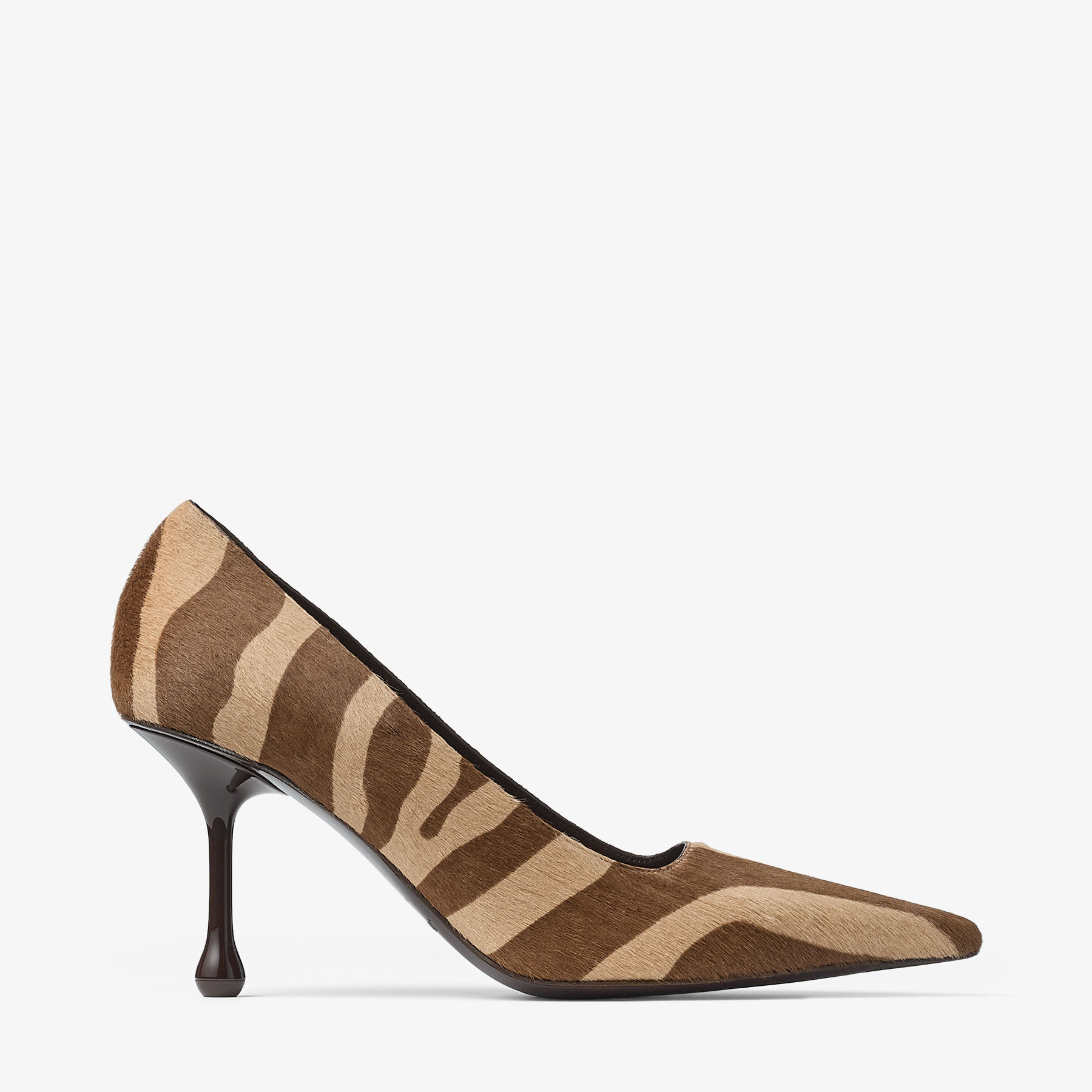 Ixia 80 | Chocolate Zebra Printed Pony Pumps | JIMMY CHOO