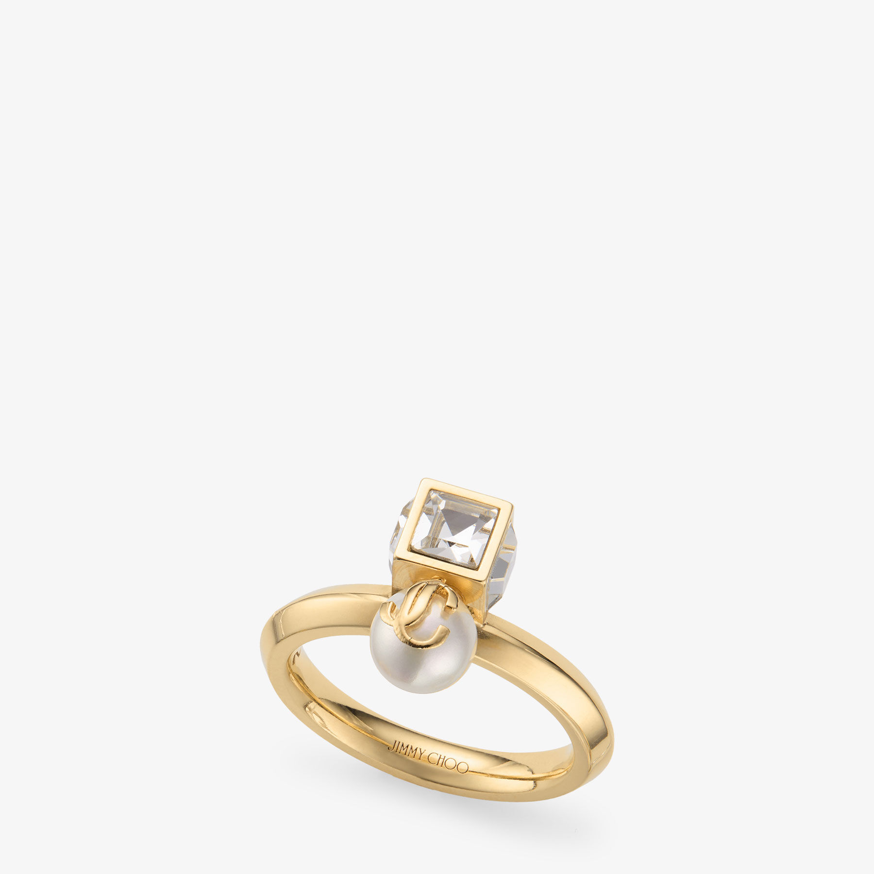 JC Pearl Cube Ring | Bague en métal doré avec perle et cube à cristaux ...