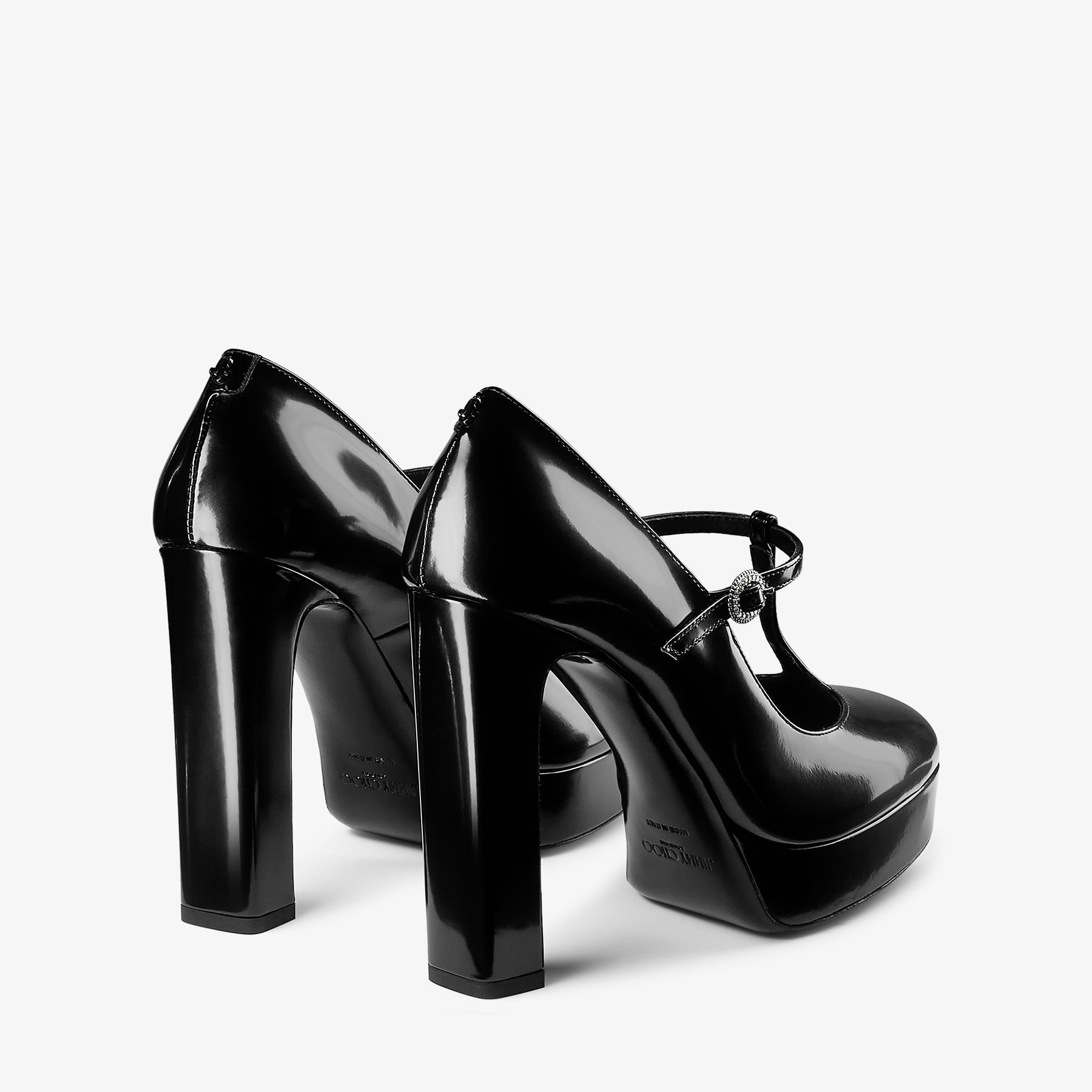 Marene Mary Jane 120 | Black Polished Calf Leather Pumps with Crystal ...