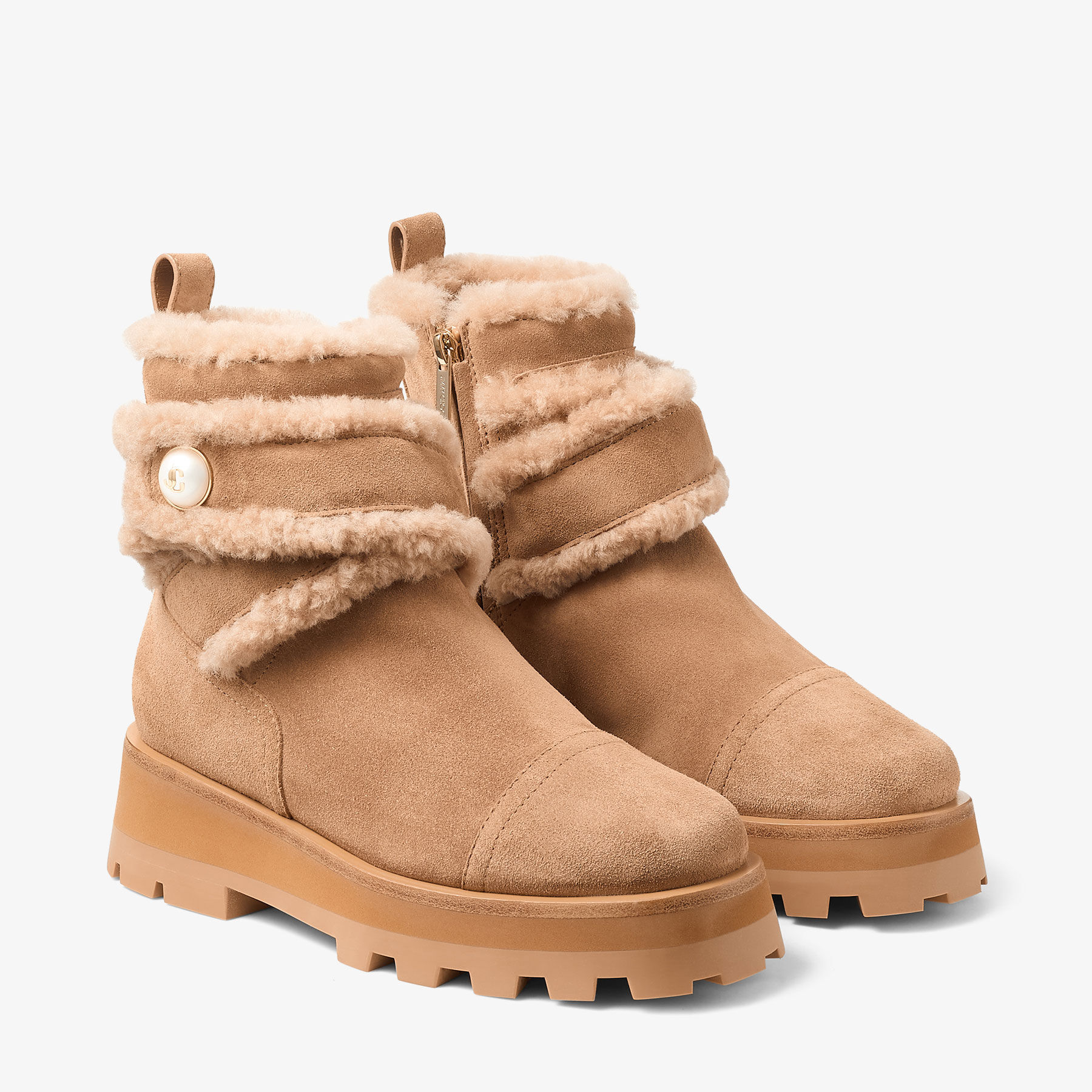 Meena Flat | Toffee Velvet Suede Ankle Boots with Shearling | JIMMY CHOO