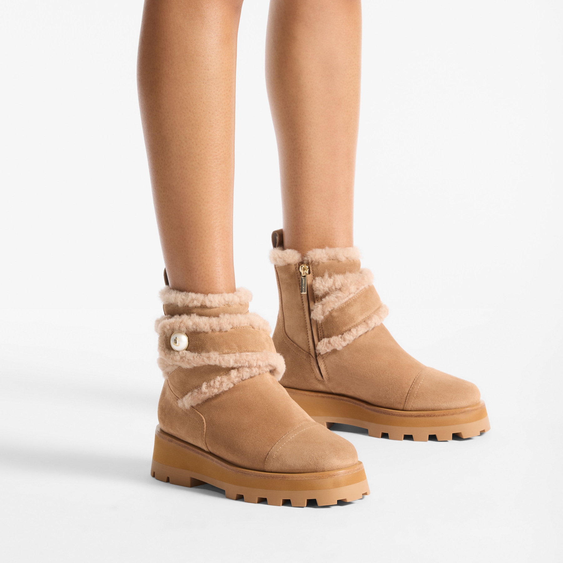 Meena Flat | Toffee Velvet Suede Ankle Boots with Shearling | JIMMY CHOO