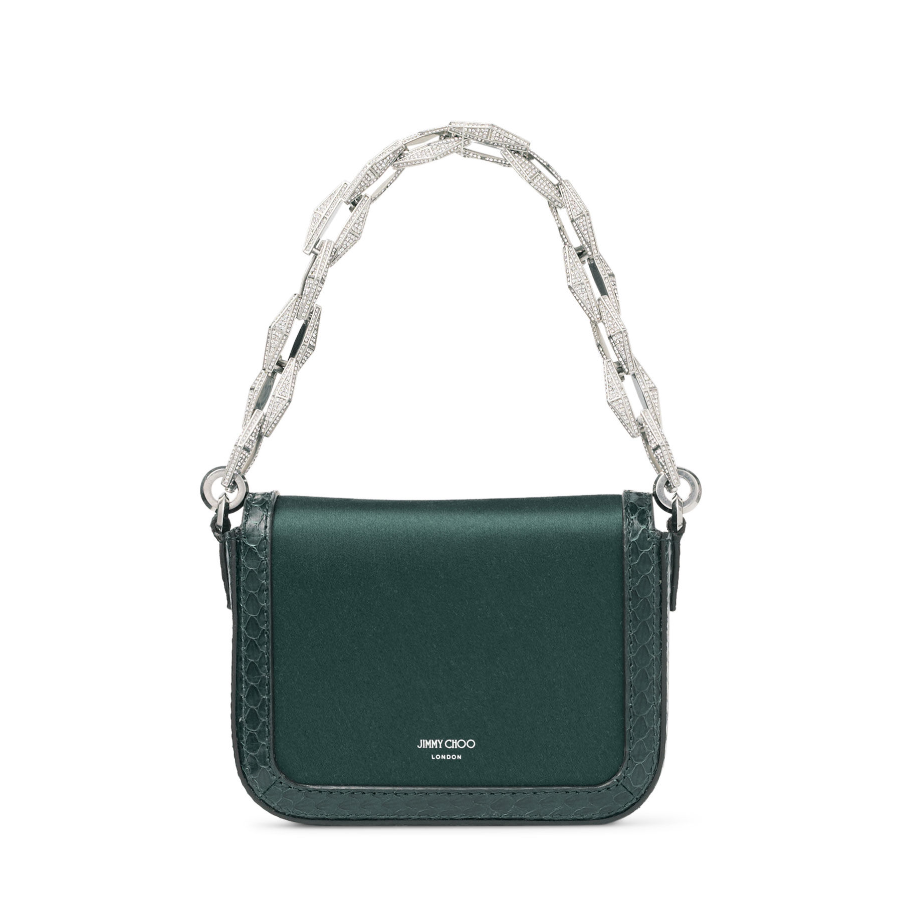 Mini Diamond Top Handle | Dark Green Satin Mini Bag | JIMMY CHOO