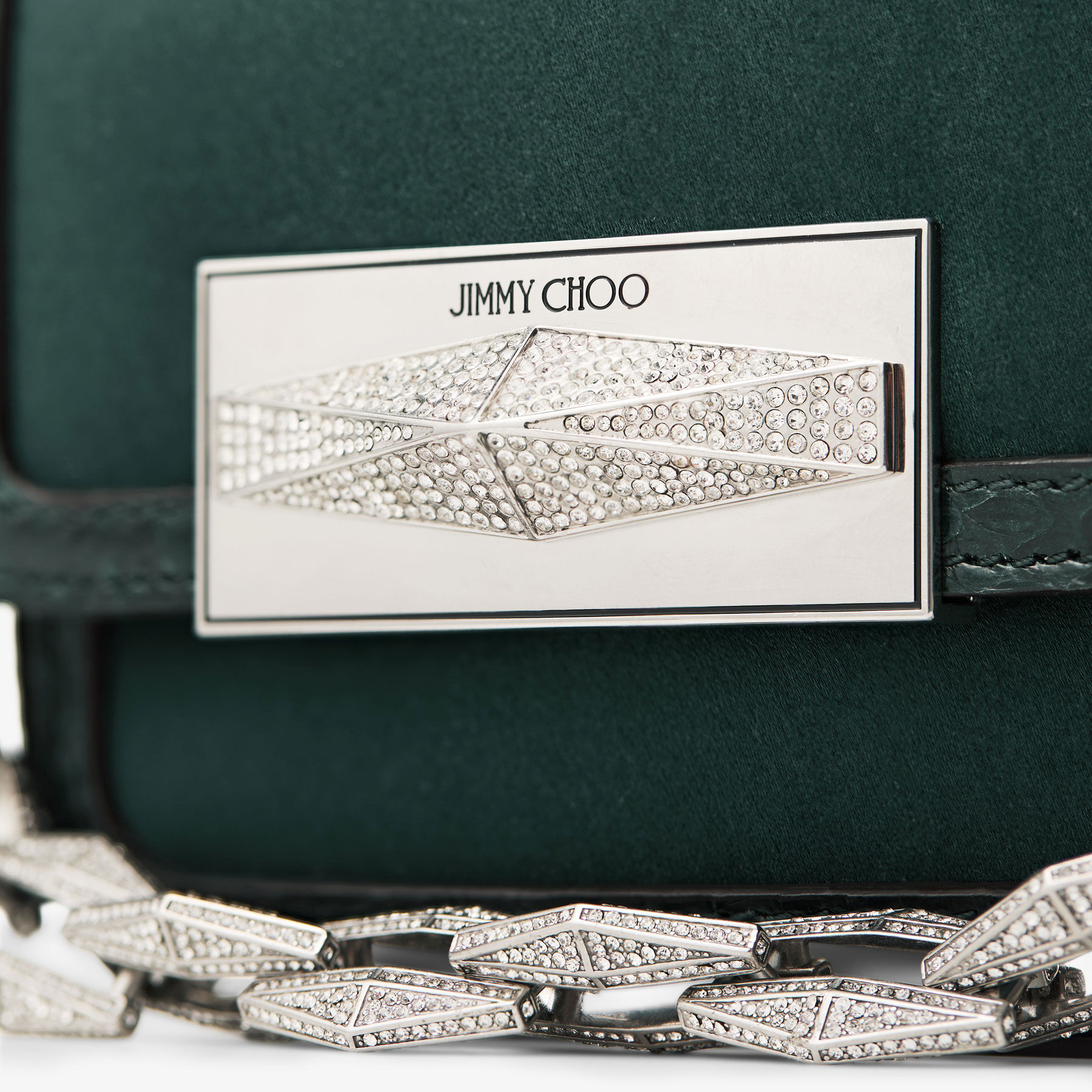 Mini Diamond Top Handle | Dark Green Satin Mini Bag | JIMMY CHOO