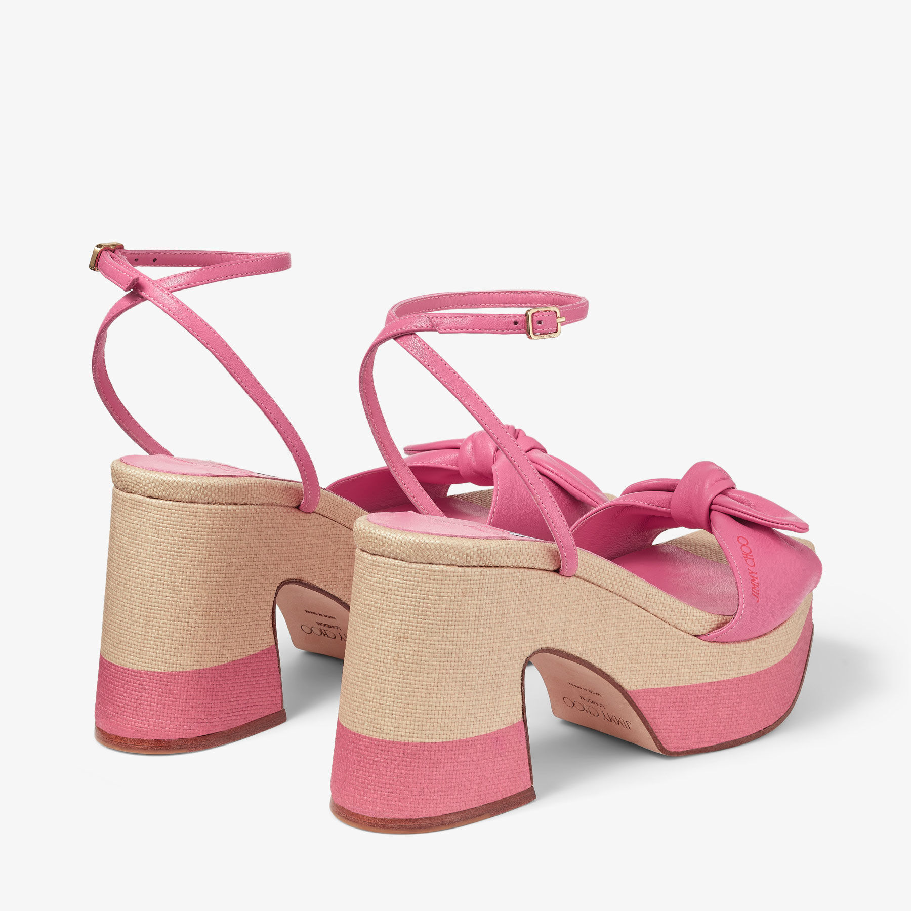 Ricia 95 | Candy Pink/Natural Leather and Raffia Platform Sandals ...