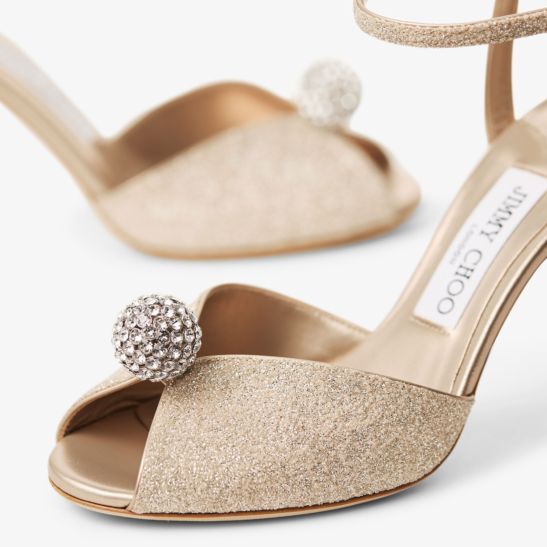 Sacora 85 | Light Soft Gold Glitter Fabric Sandals with Crystal Sphere ...