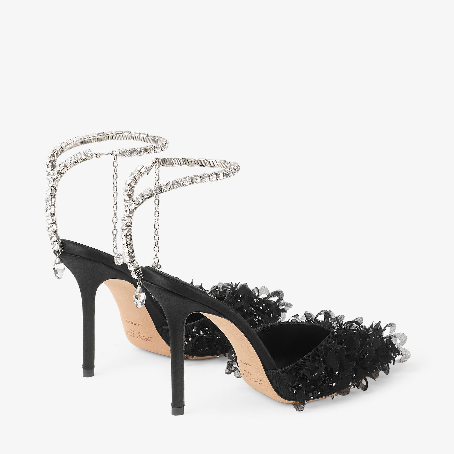 Saeda 100 | Black Mesh Pumps with Petal Embroidery and Crystal Chain ...