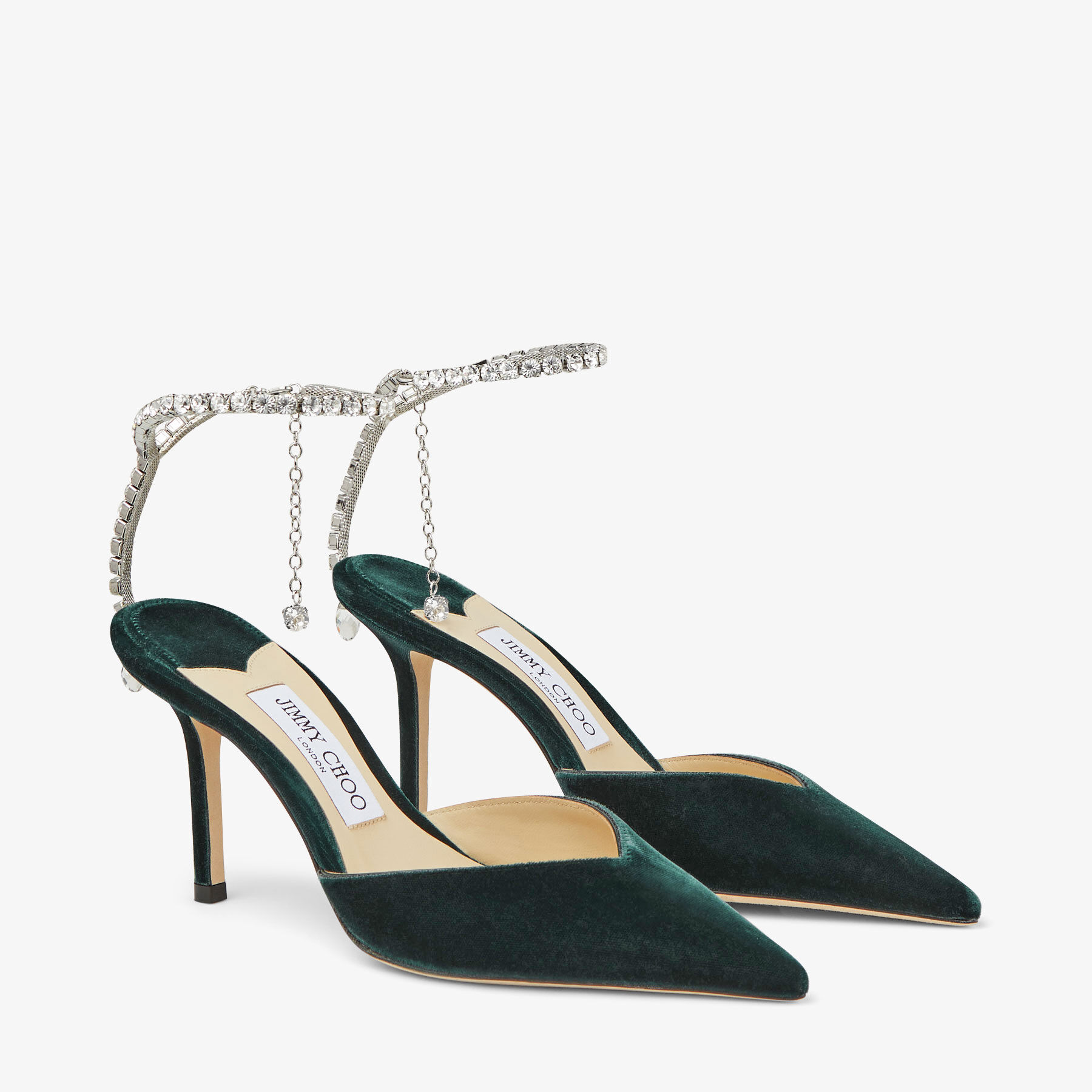 SAEDA 85 | Dark Green Velvet Pumps with Swarovski Crystal Chain | New ...