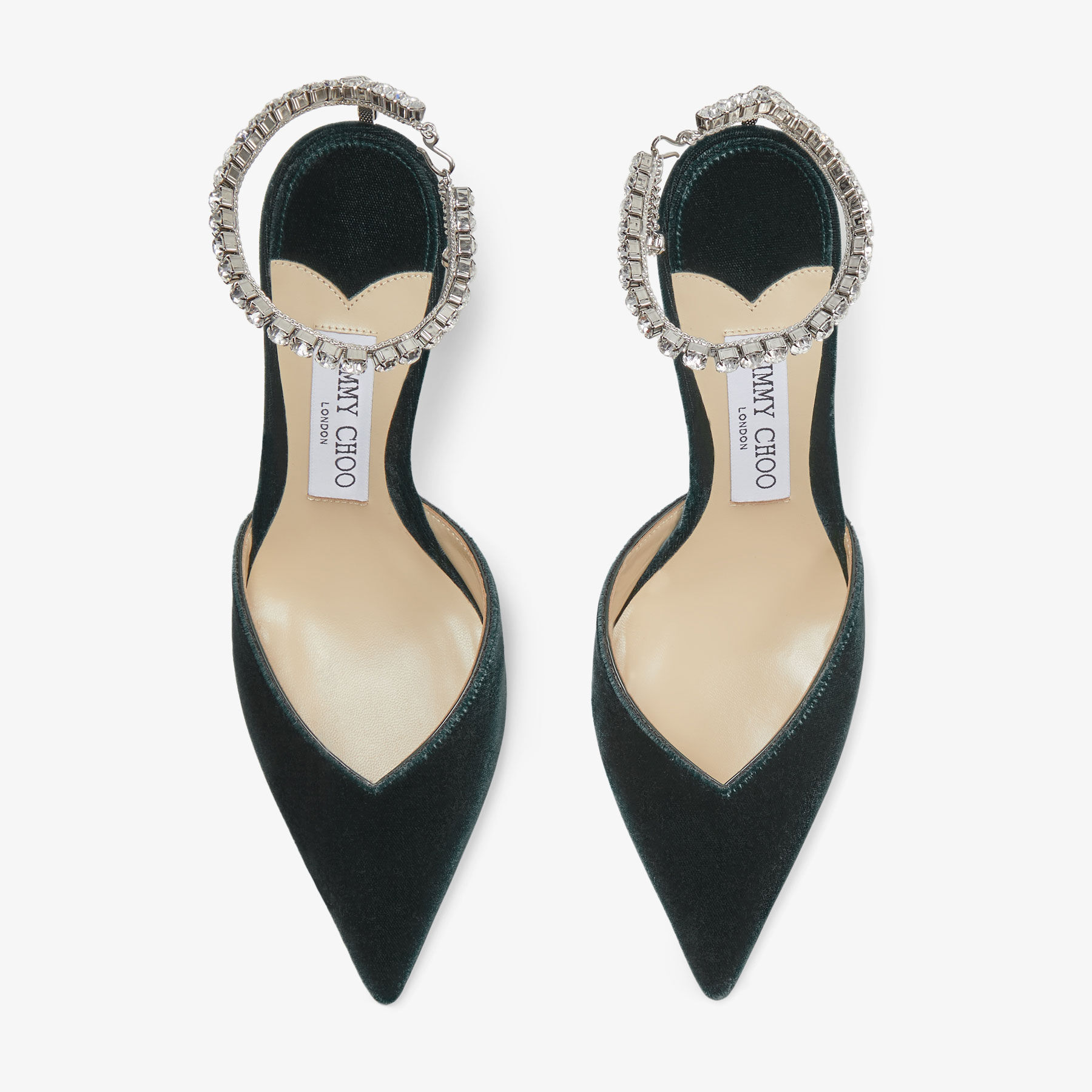 SAEDA 85 | Dark Green Velvet Pumps with Swarovski Crystal Chain | New ...
