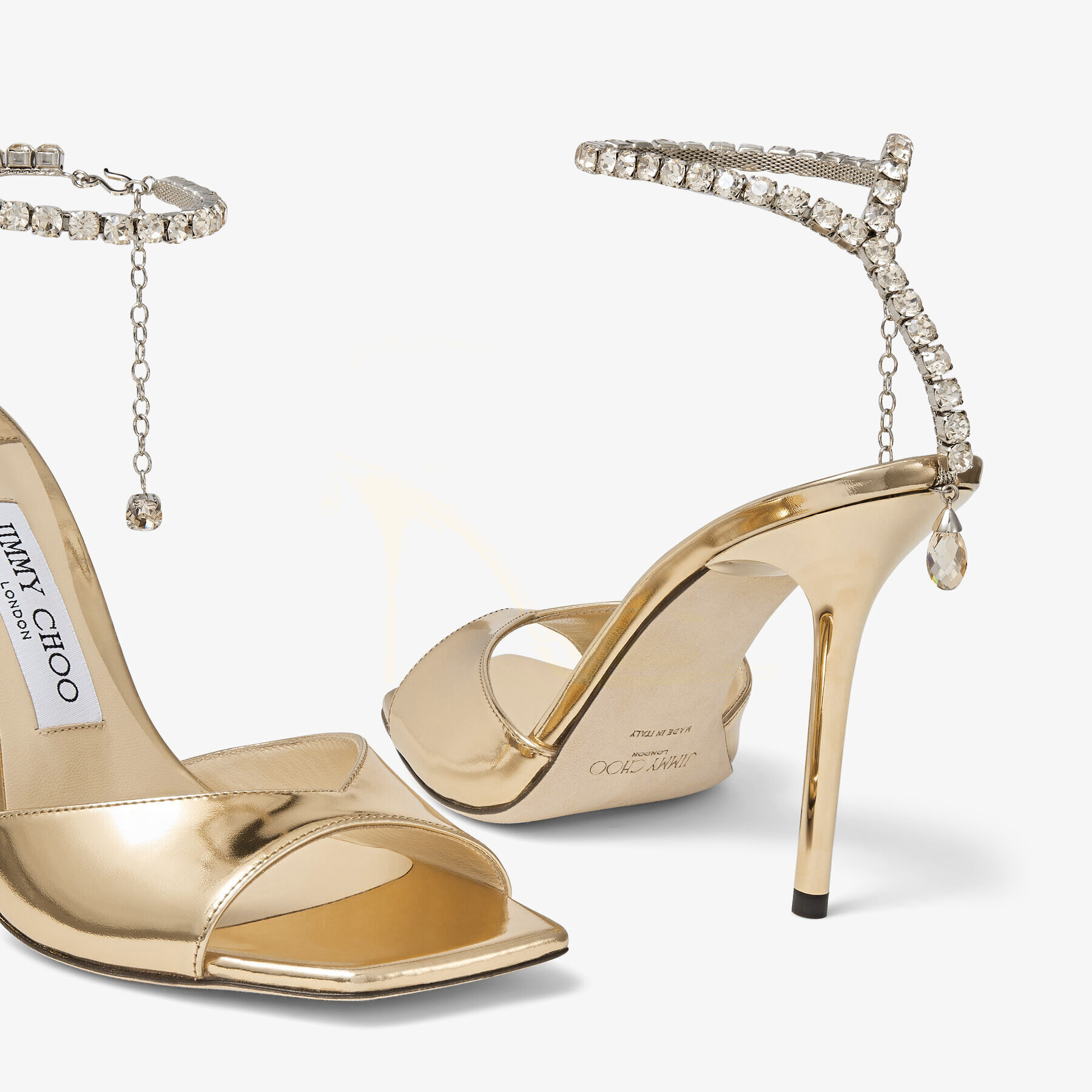 SAEDA SANDAL 100 | Gold Liquid Metal Sandals with Crystal Embellishment | JIMMY CHOO
