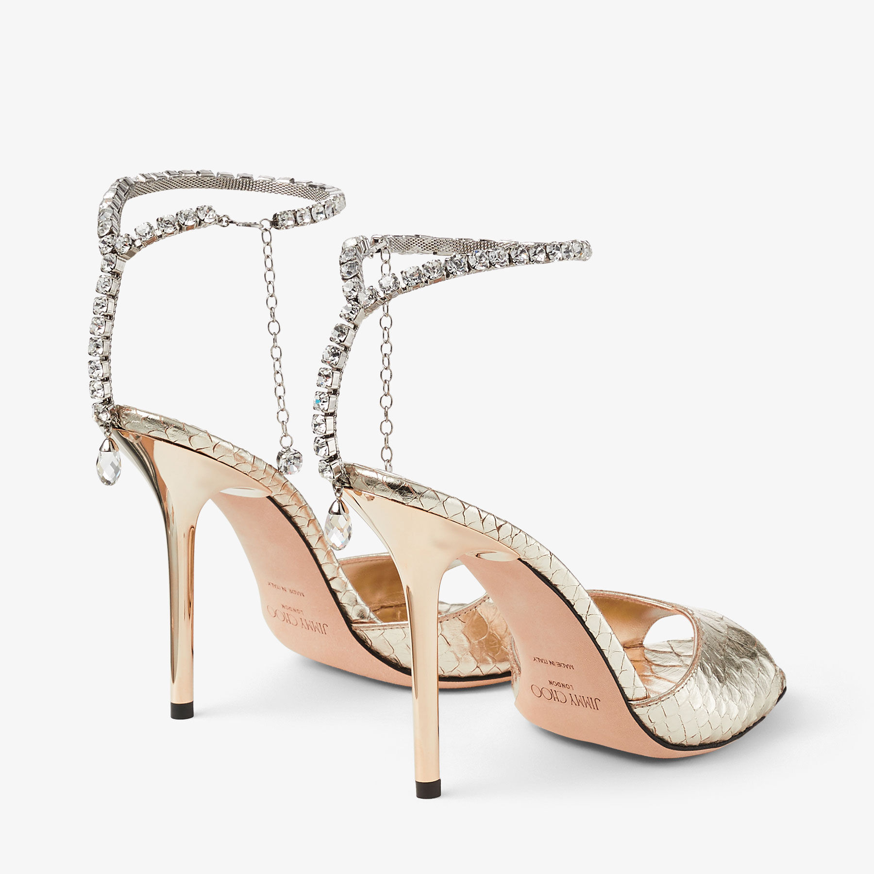 SAEDA SANDAL 100 |Champagne Metallic Snake Printed Leather Sandals with ...