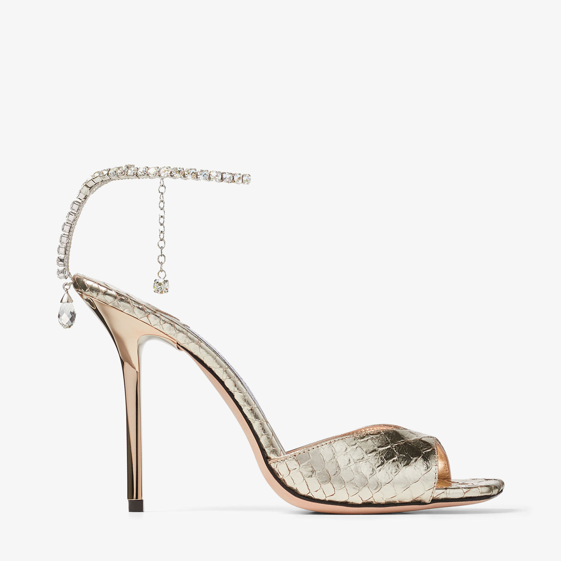 SAEDA SANDAL 100 |Champagne Metallic Snake Printed Leather Sandals with ...
