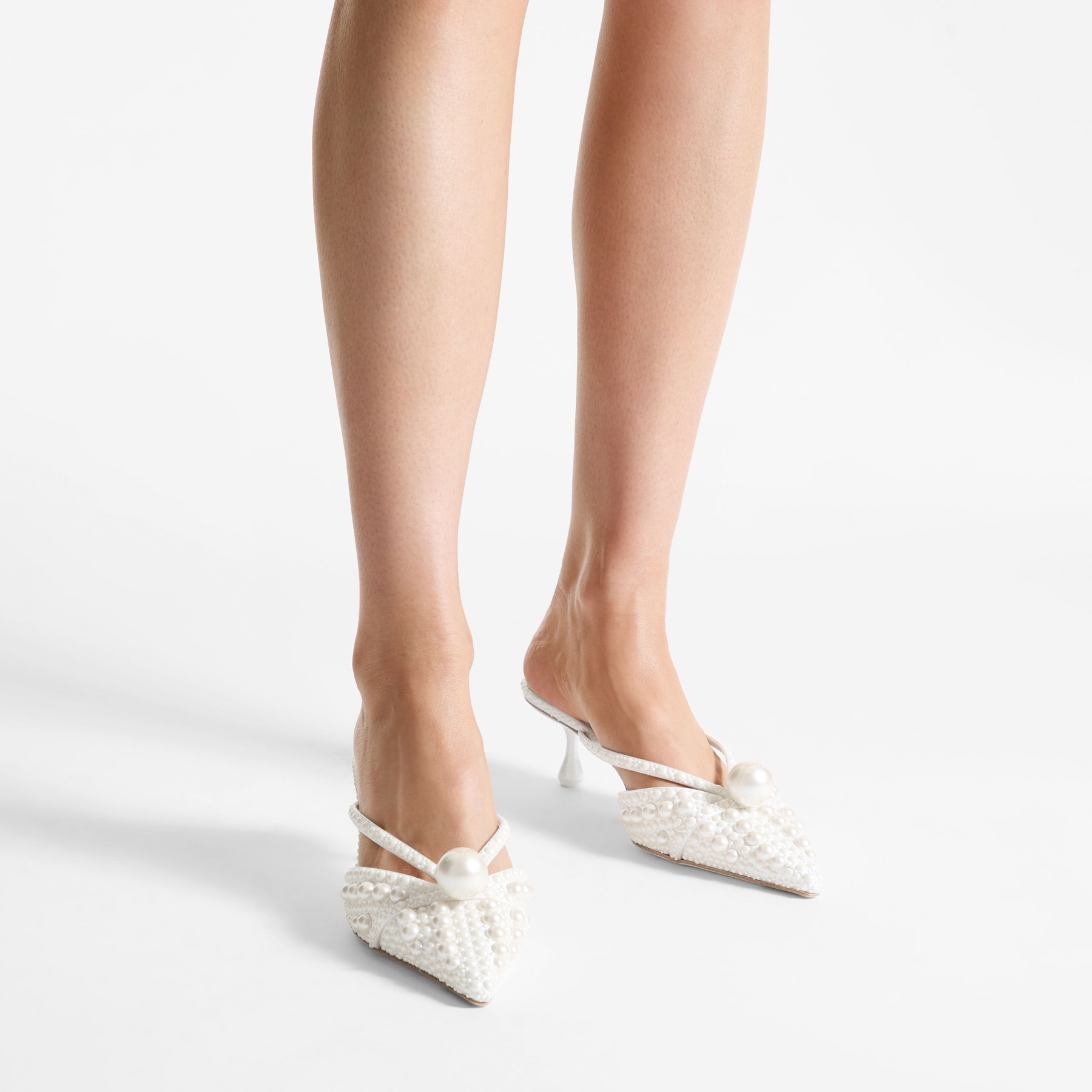 Sana Mule 50 | White Satin Mule with Pearl Embellishments | JIMMY CHOO