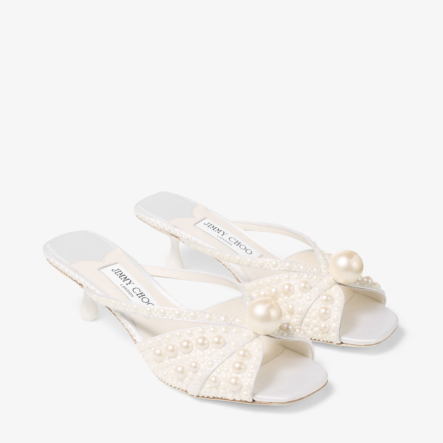 Siva Mule 50 |White Satin Mule with All-Over Pearls | JIMMY CHOO