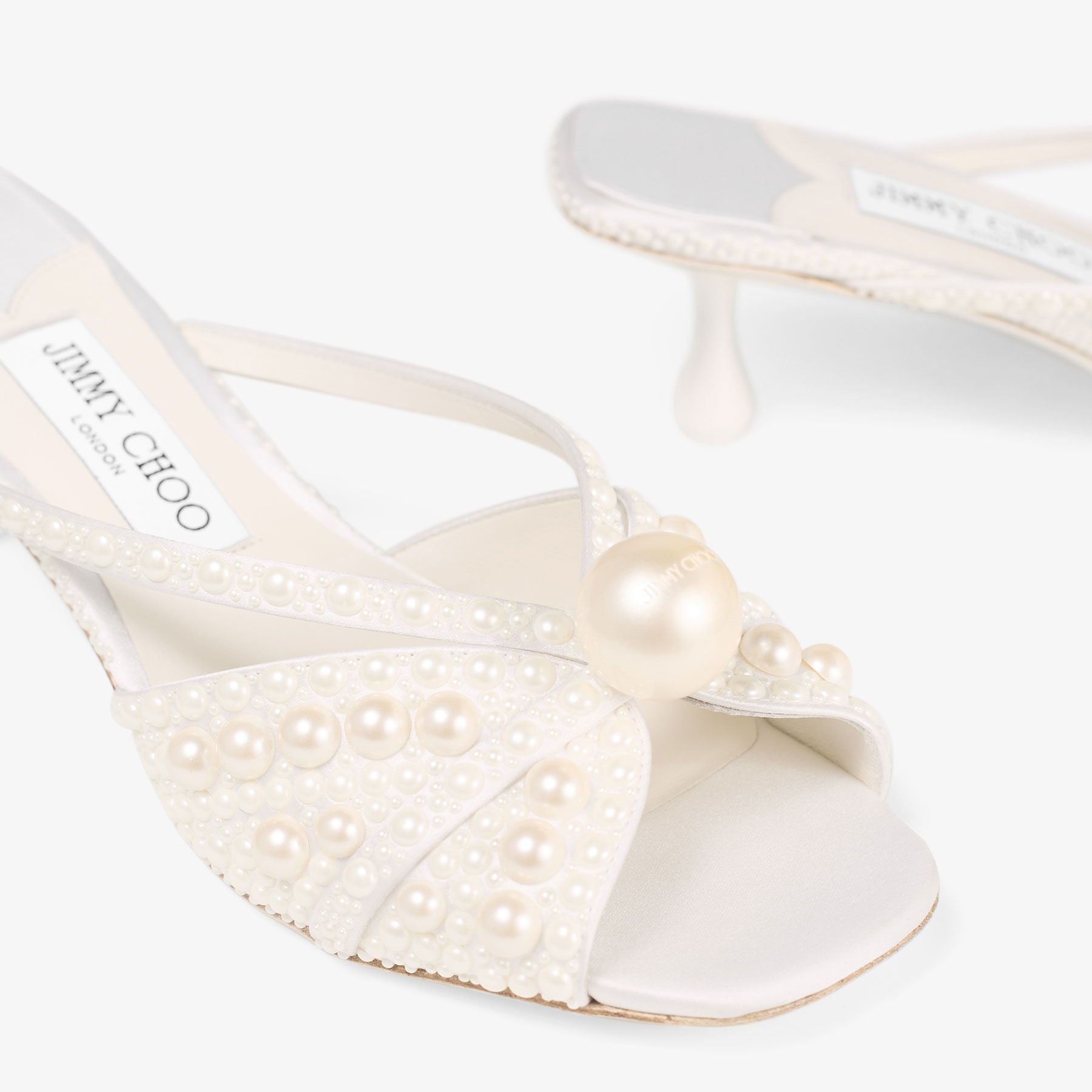 Siva Mule 50 |White Satin Mule with All-Over Pearls | JIMMY CHOO