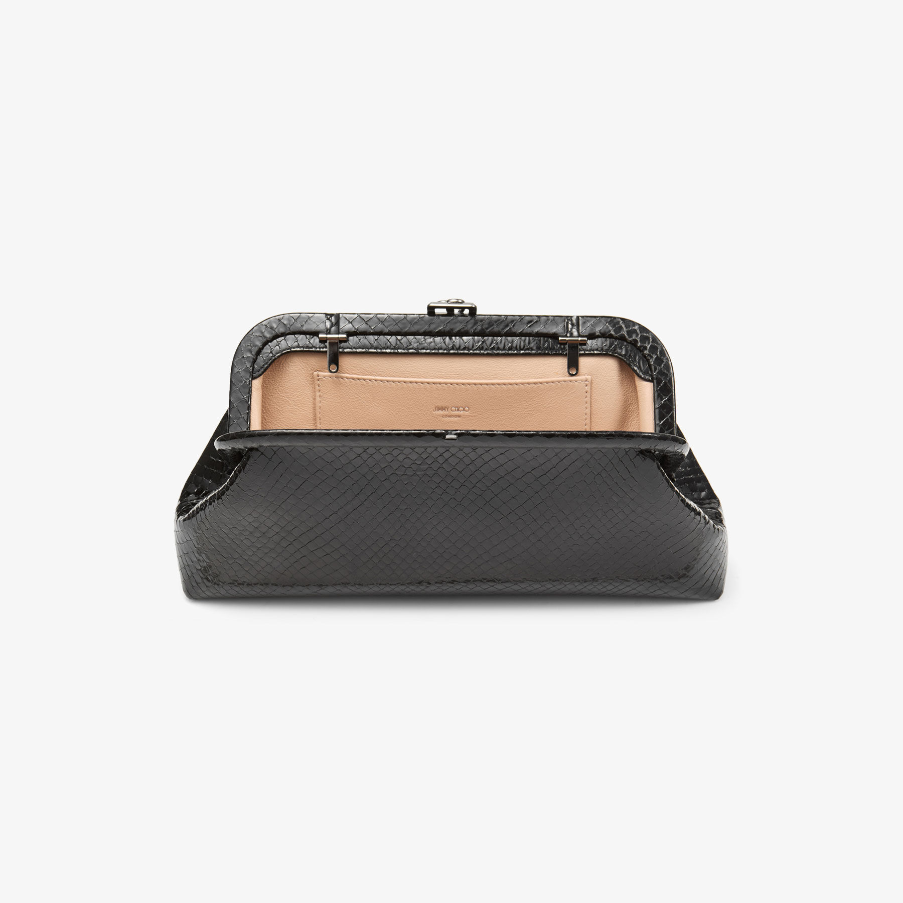 스카일라 | 스퀘어 JC 클래스프 디테일 블랙 샤이니 스네이크 프린트 가죽 클러치 | JIMMY CHOO