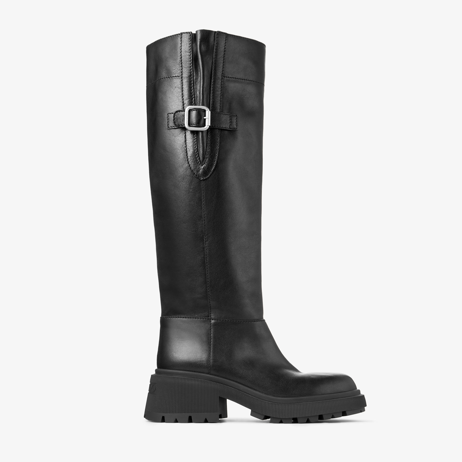 Tamsin Knee Boot Flat | Black Shiny Calf Leather Knee High Boot | JIMMY ...
