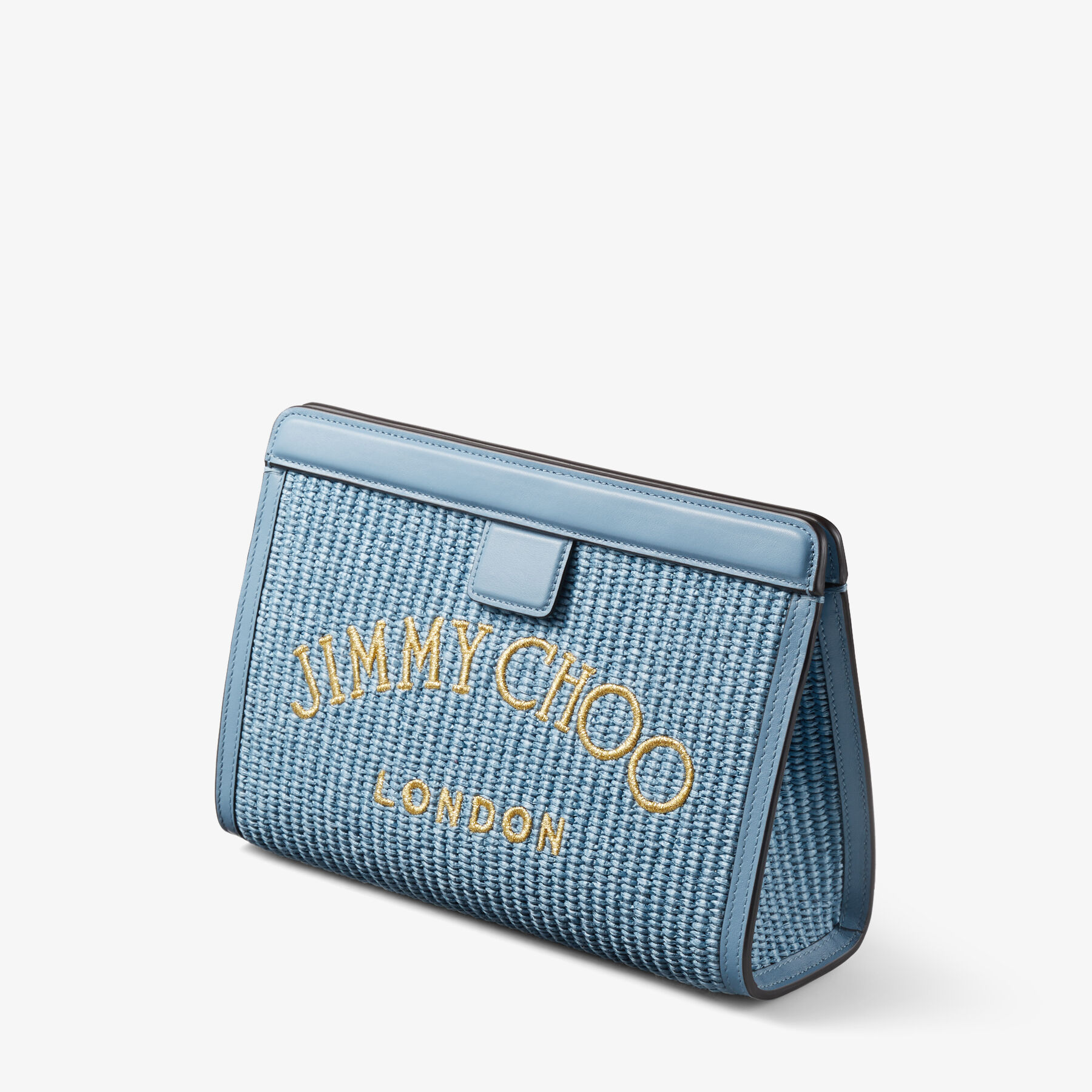 Smoky Blue Raffia and Smooth Leather Pouch with Jimmy Choo Embroidery ...