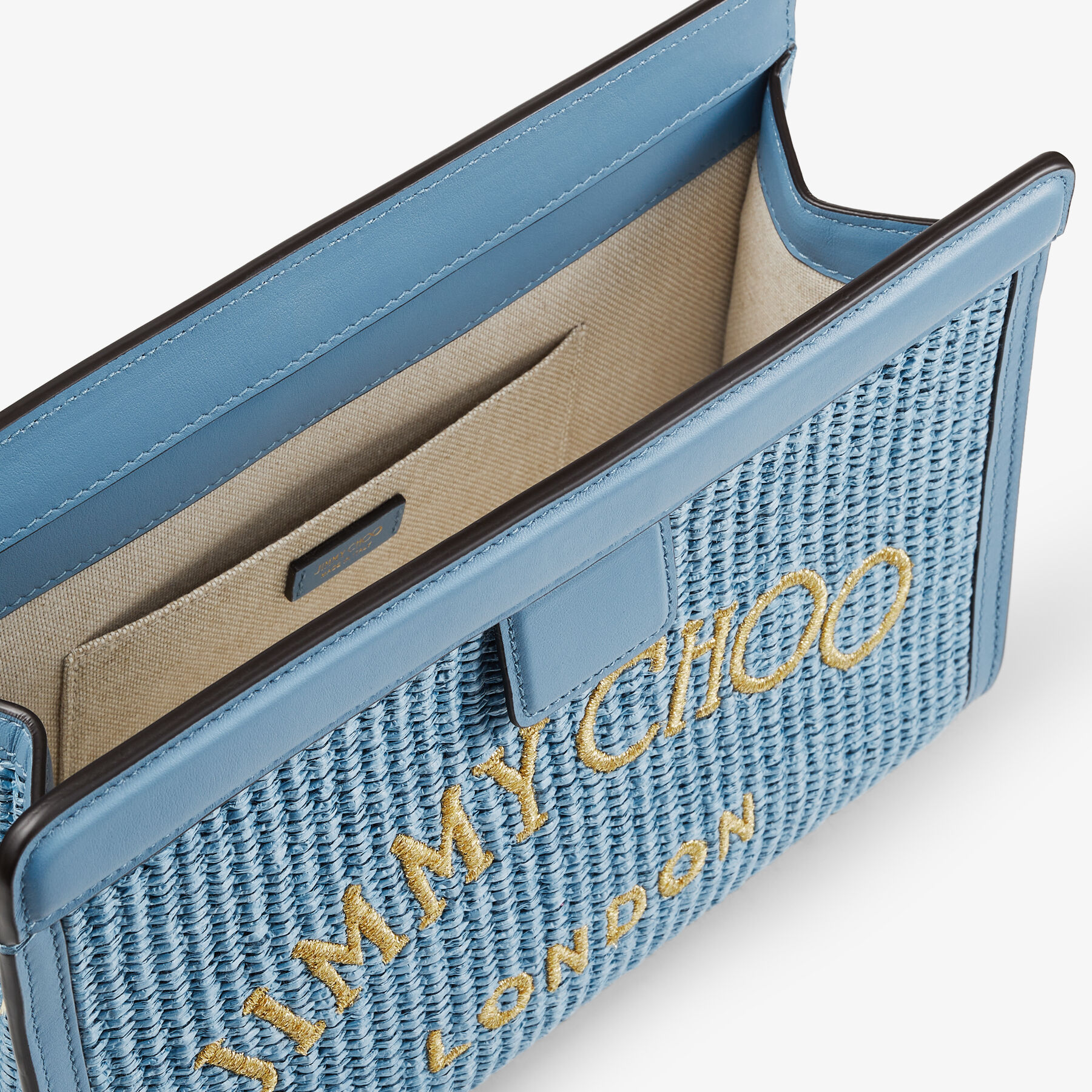 Smoky Blue Raffia and Smooth Leather Pouch with Jimmy Choo Embroidery ...