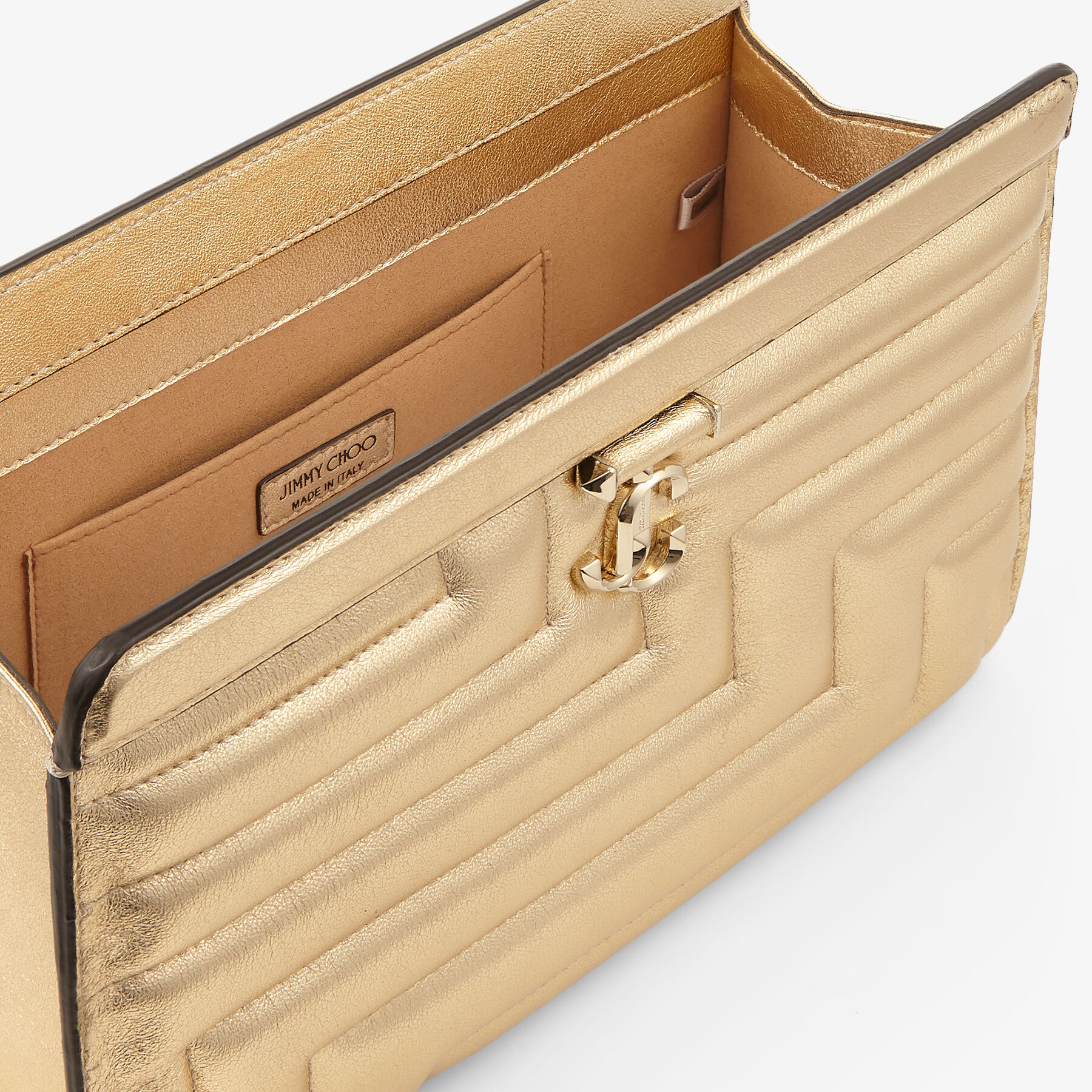 Gold Quilted Metallic Nappa Leather Pouch Bag with Light Gold JC Emblem ...