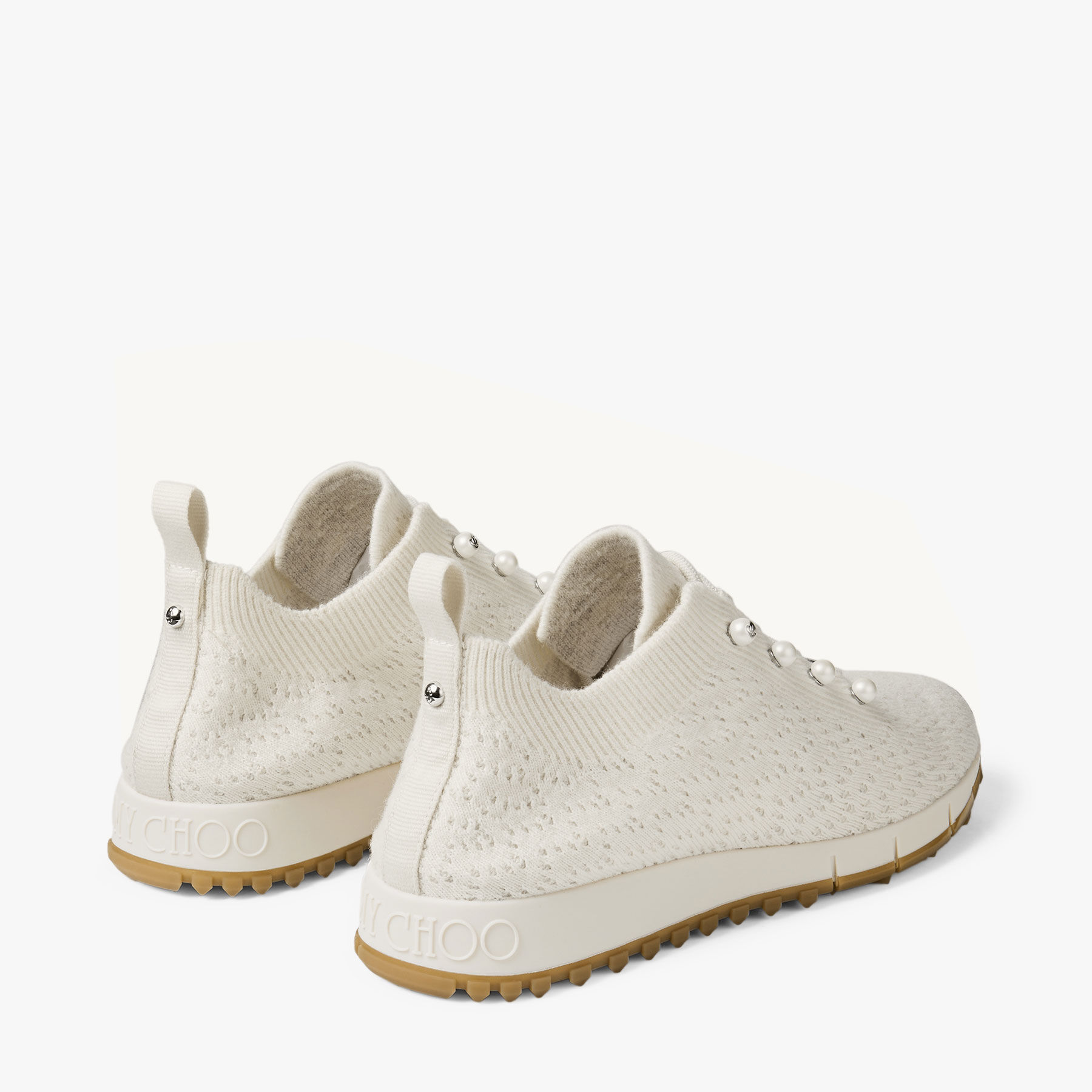 Veles | Latte Pointelle Knit and Leather Mix Trainers | JIMMY CHOO