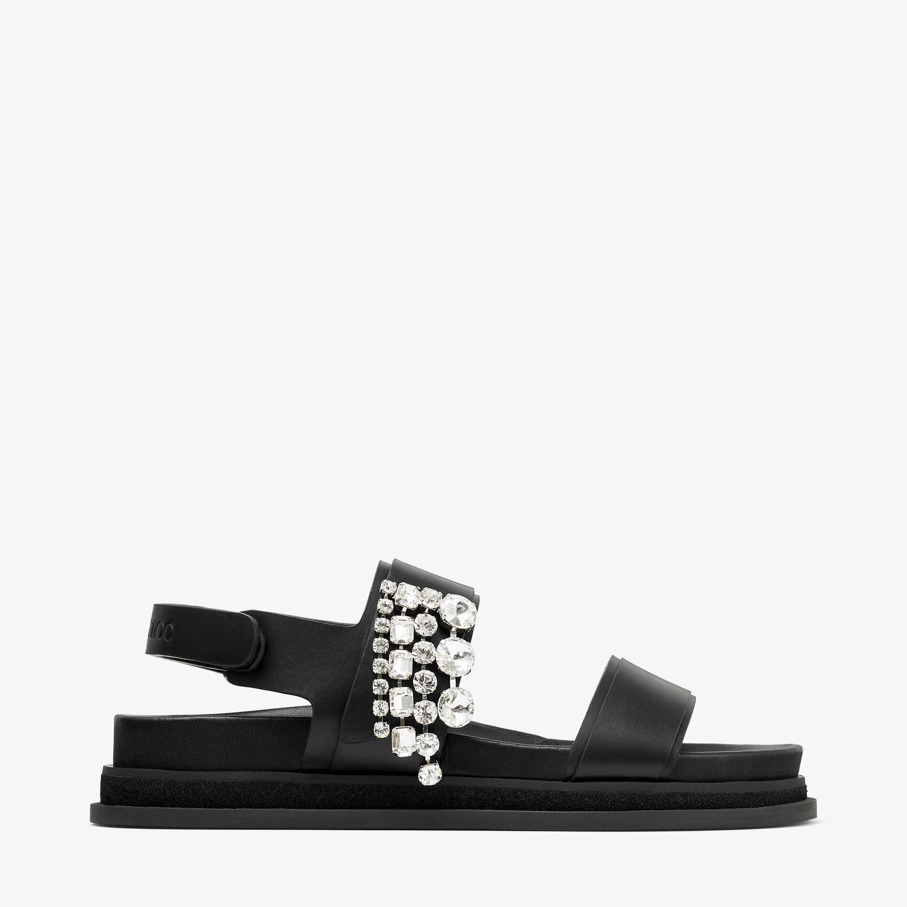 Verity Sandal Flat | Black Leather Crystal Flat Sandals | JIMMY CHOO