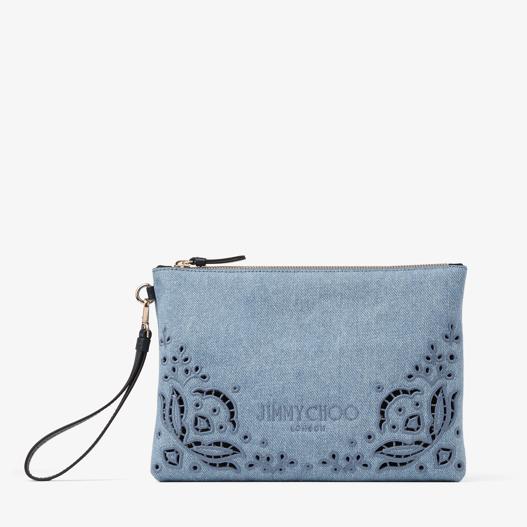 Zipped Flat Pouch |Blue Haze Denim Pouch with Sangallo Embroidery ...