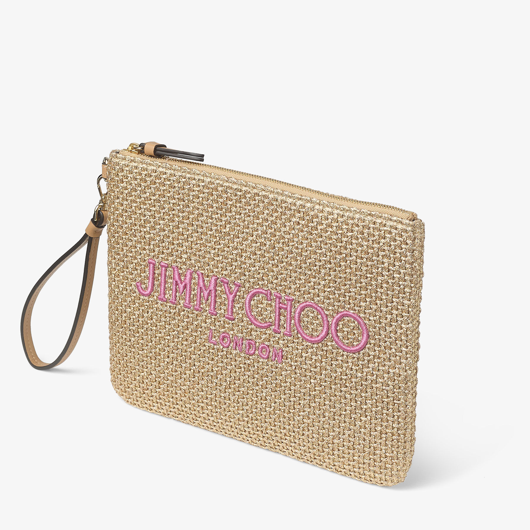 Zip Top Pouch | Gold Metallic Raffia Pouch | JIMMY CHOO