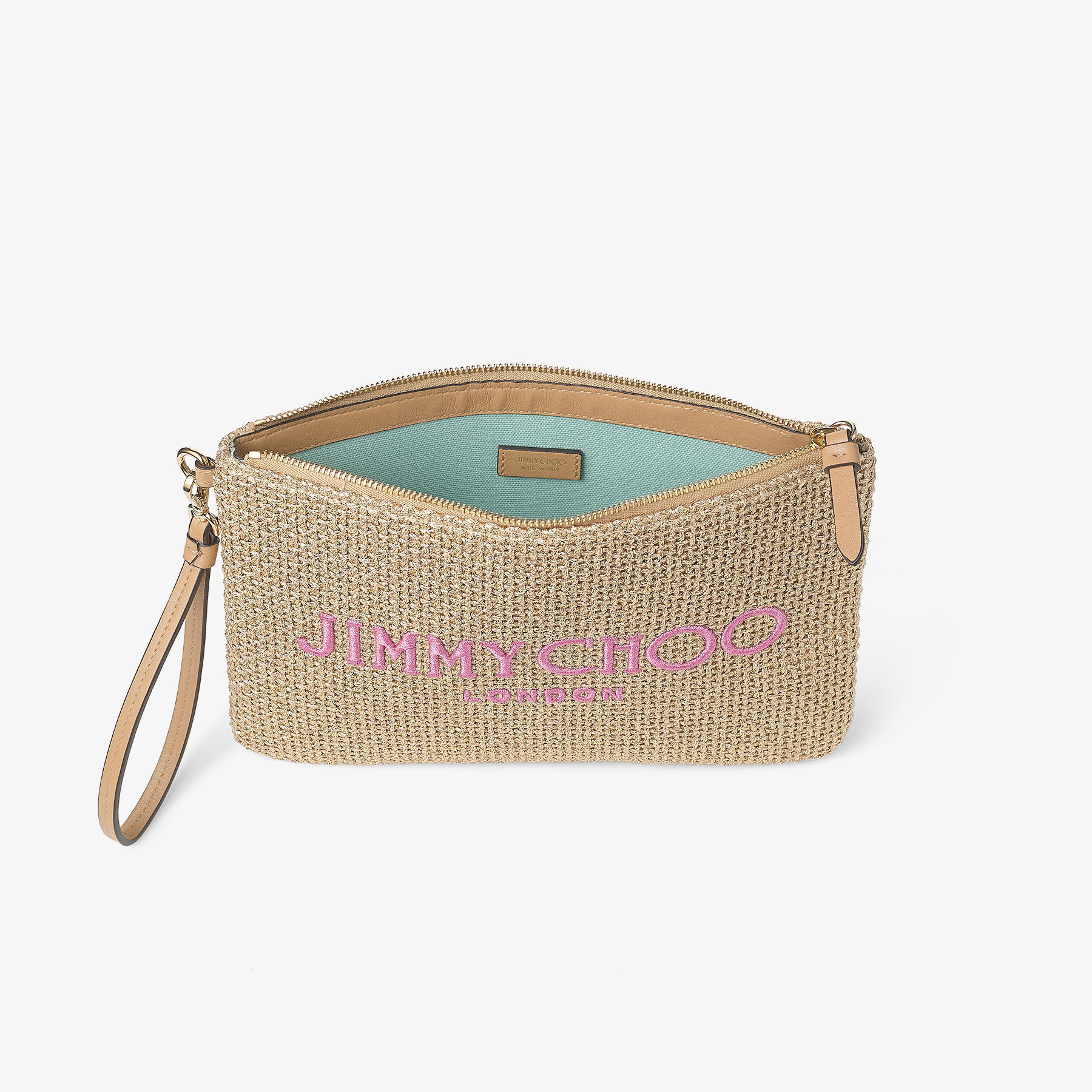 Zip Top Pouch | Gold Metallic Raffia Pouch | JIMMY CHOO