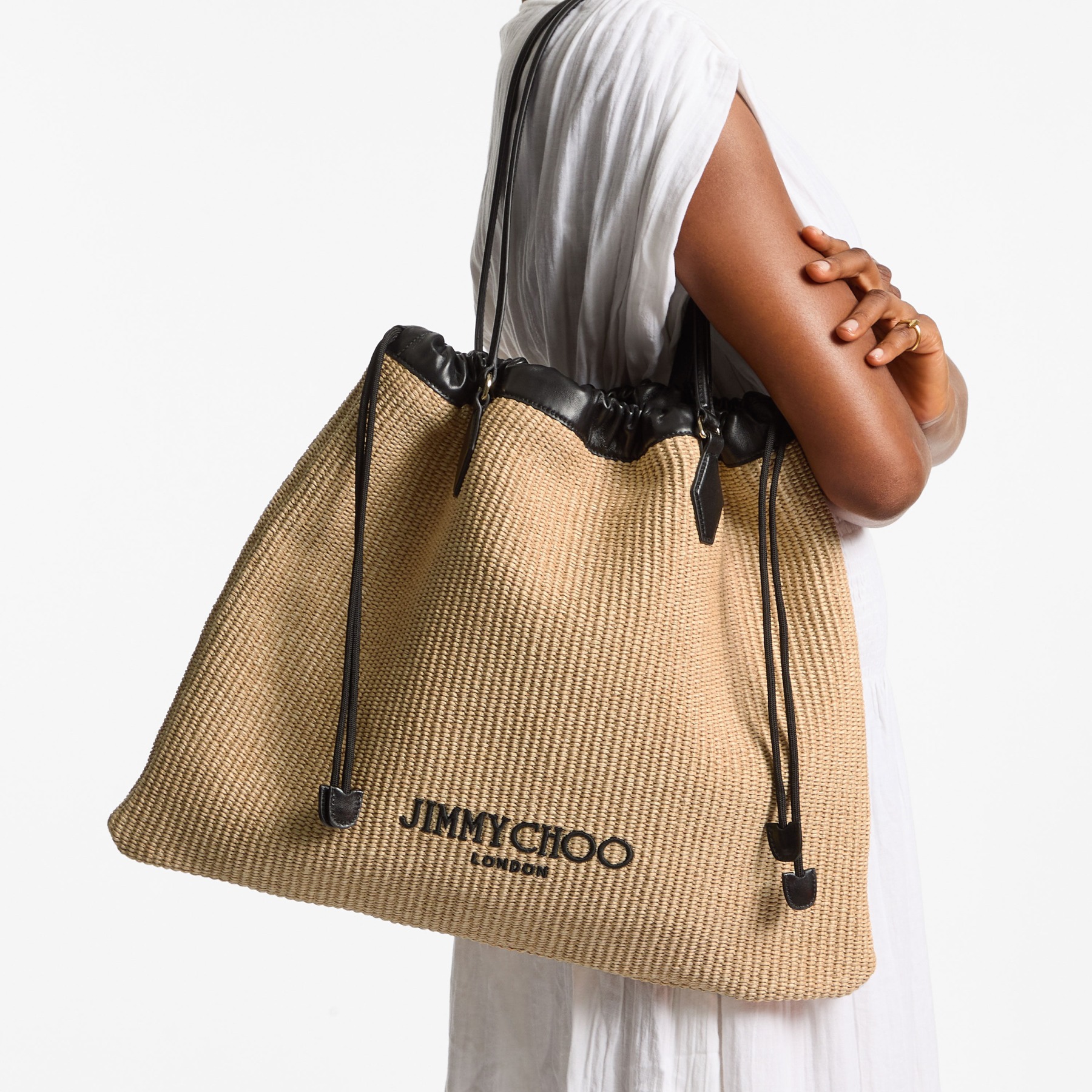 Drawstring Tote L |Natural Soft Raffia Tote with Smooth Calf Leather ...