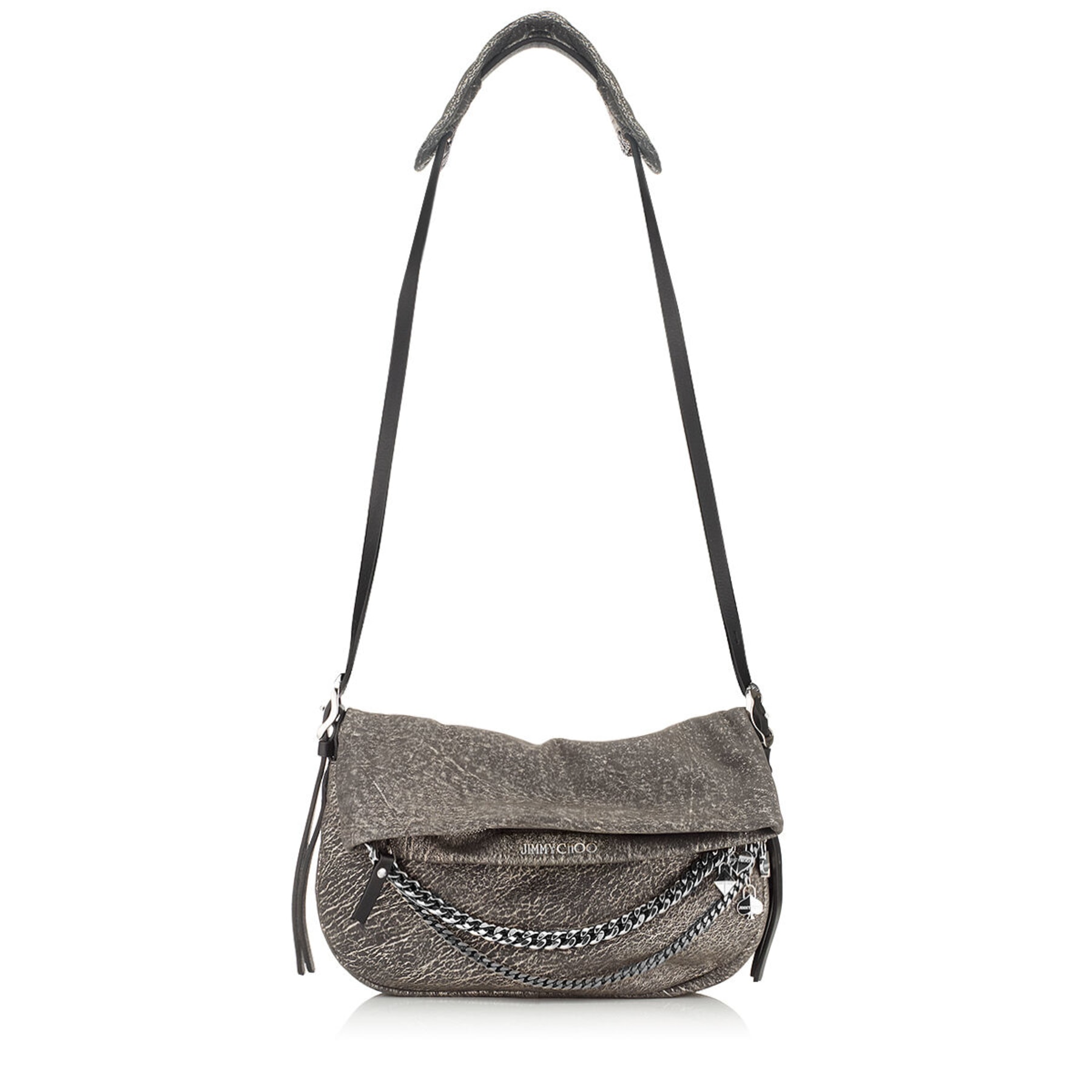 Stylish Platinum Cracked Leather Cross Body Bag | Biker | JIMMY CHOO