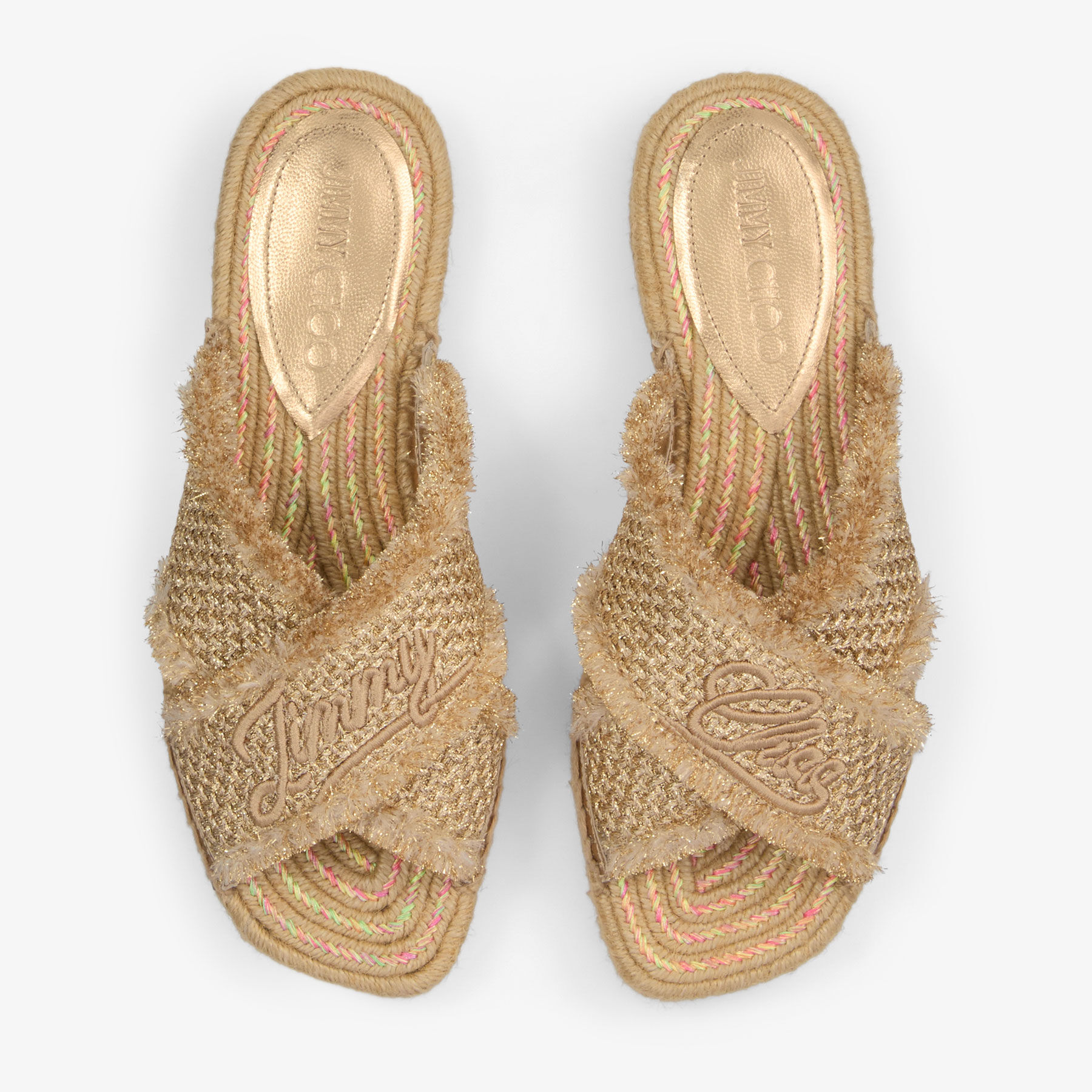 Aciel Sandal Flat | Gold Woven Fabric Sandals | JIMMY CHOO