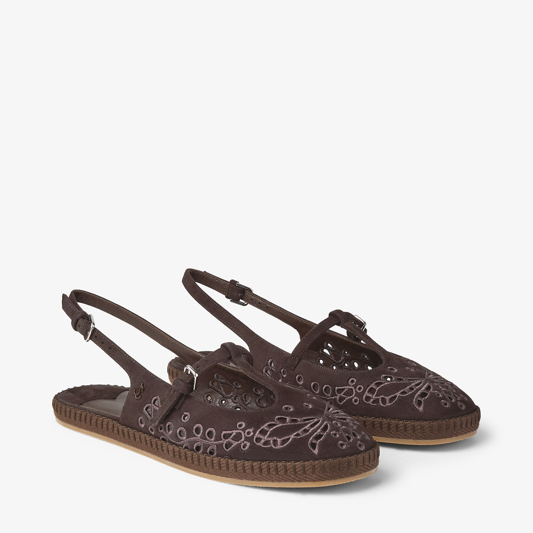 Amiee Flat |Chocolate Suede Espadrilles with Sangallo Embroidery ...