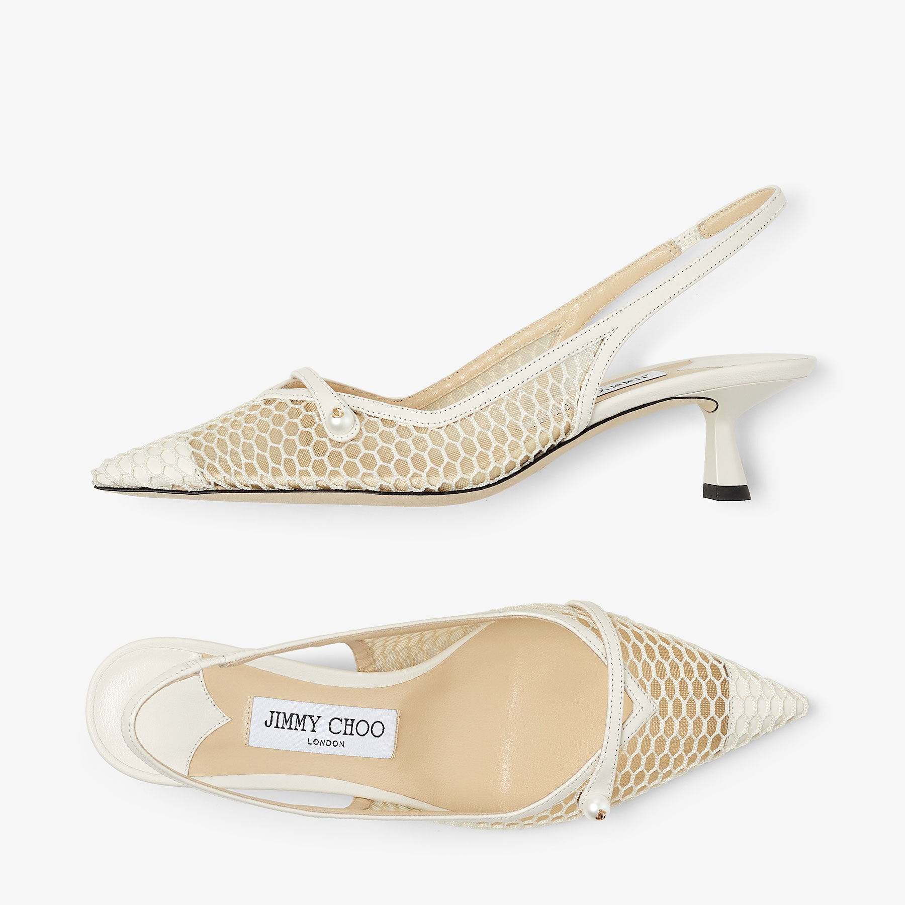 White Fishnet Mesh and Latte Nappa Slingback Pumps | AMITA 45 | Summer ...