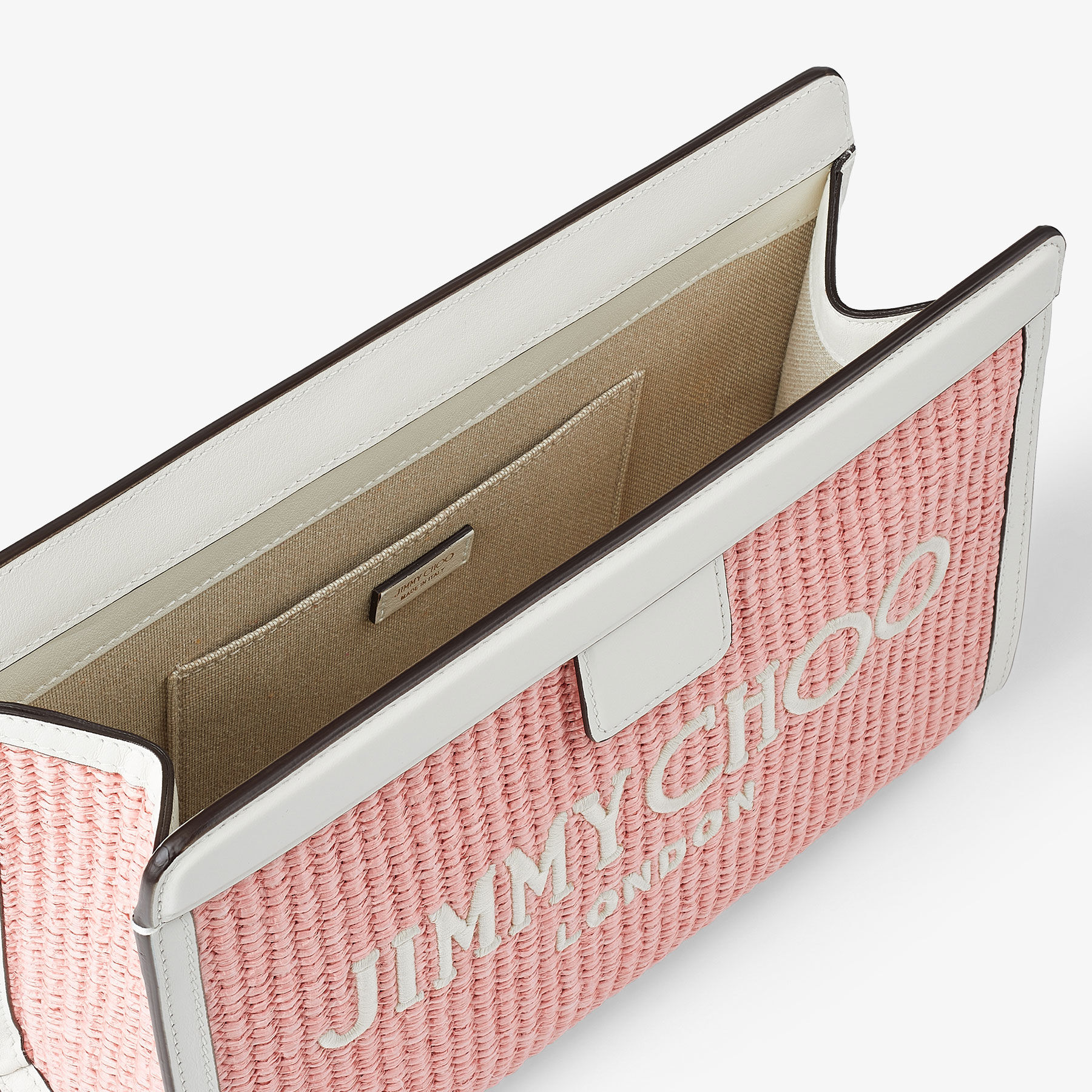 Avenue Pouch | Paprika/Candy Pink Raffia Embroidered Pouch | JIMMY CHOO