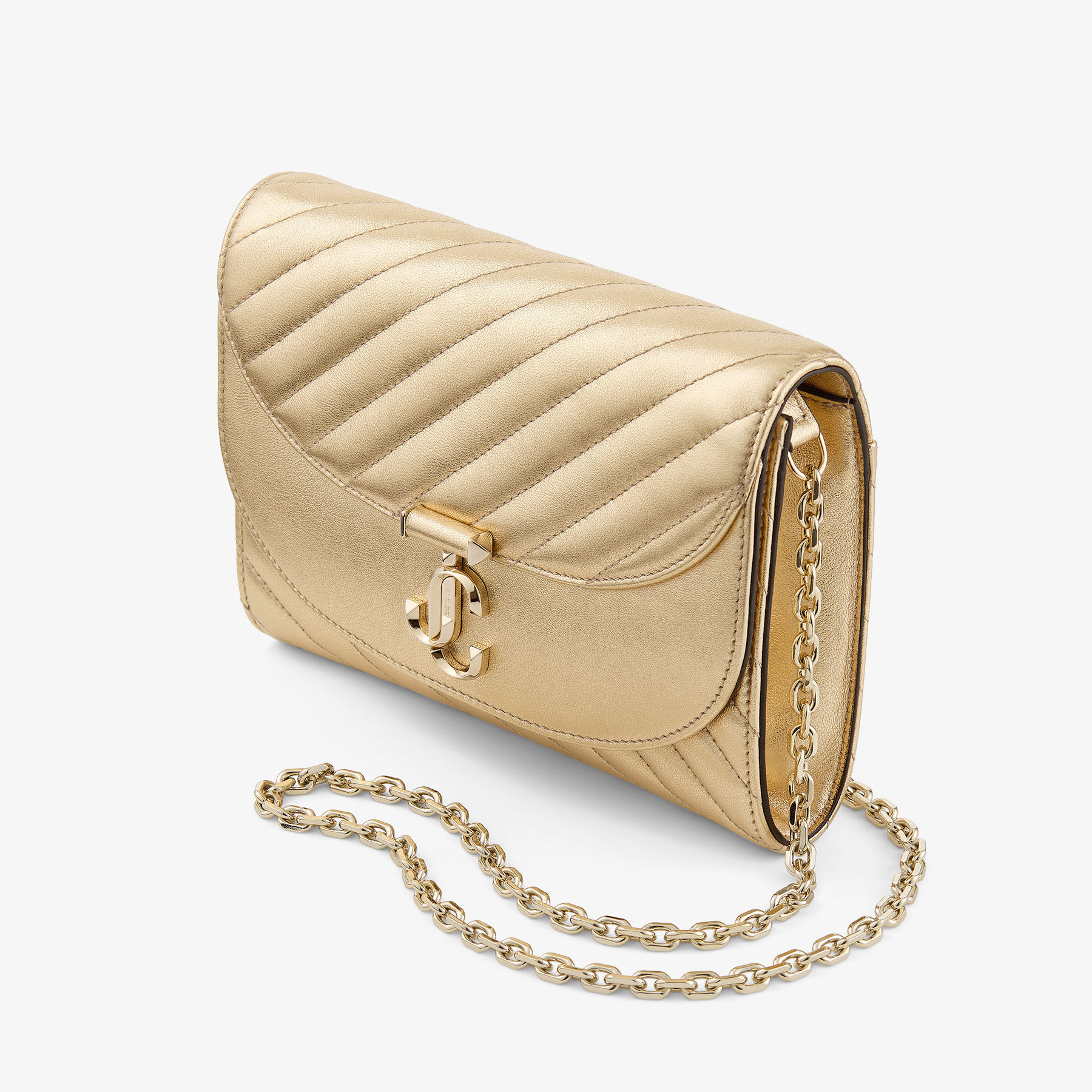 Curve Clutch | Shiny Gold Quilted Metallic Leather Clutch with Chain ...