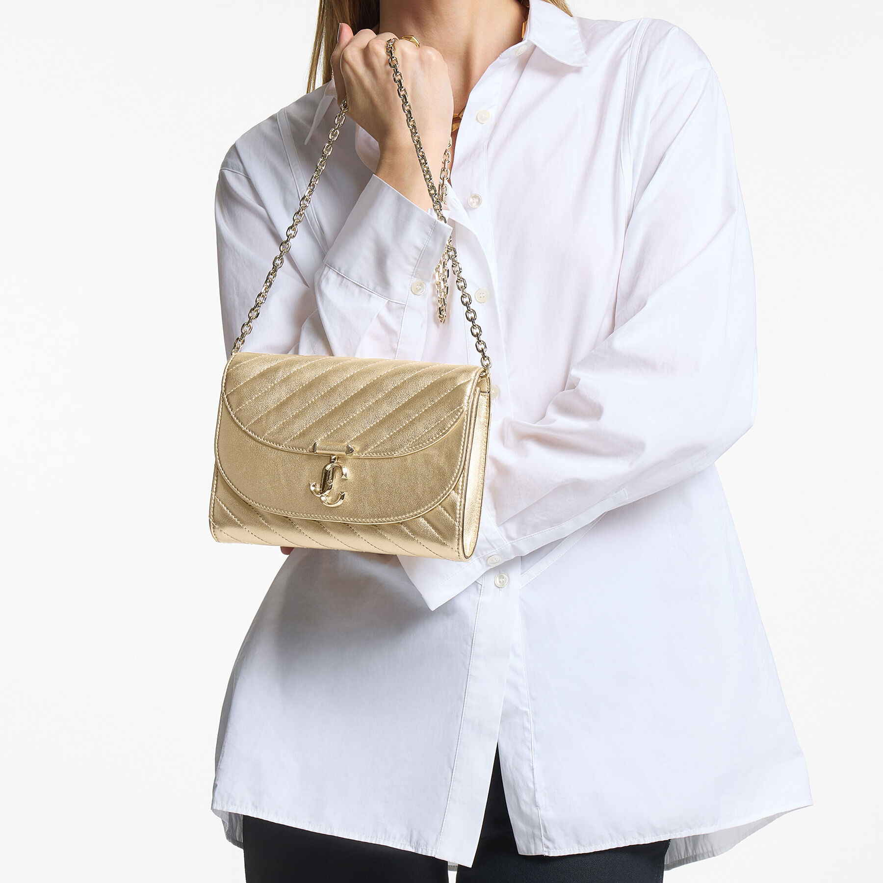 Curve Clutch | Shiny Gold Quilted Metallic Leather Clutch with Chain ...