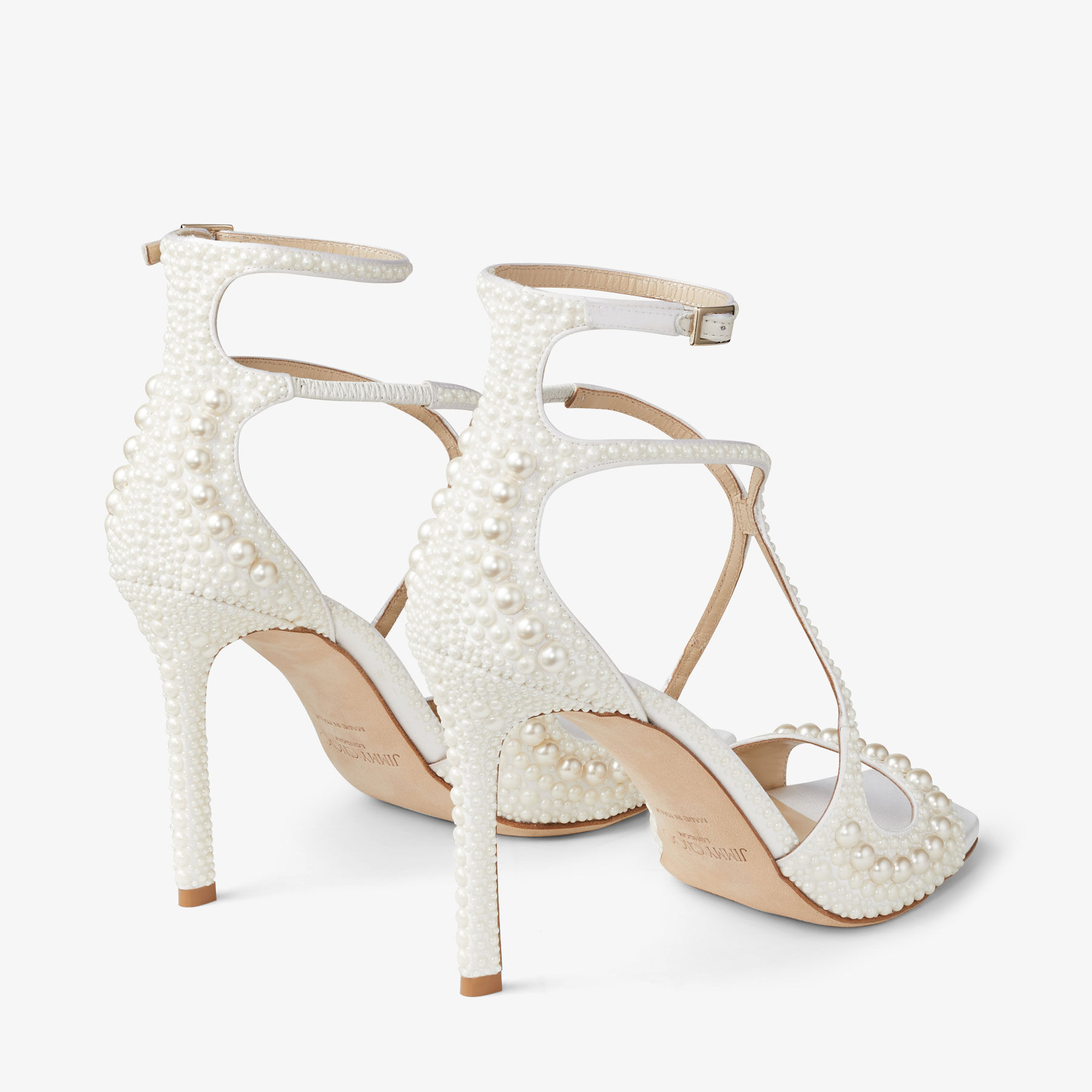 Azia 95 | White Satin Sandals with All-Over Pearls | JIMMY CHOO