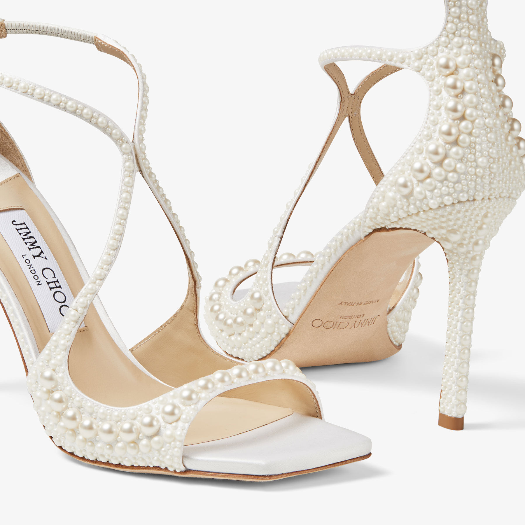 Azia 95 | White Satin Sandals with All-Over Pearls | JIMMY CHOO