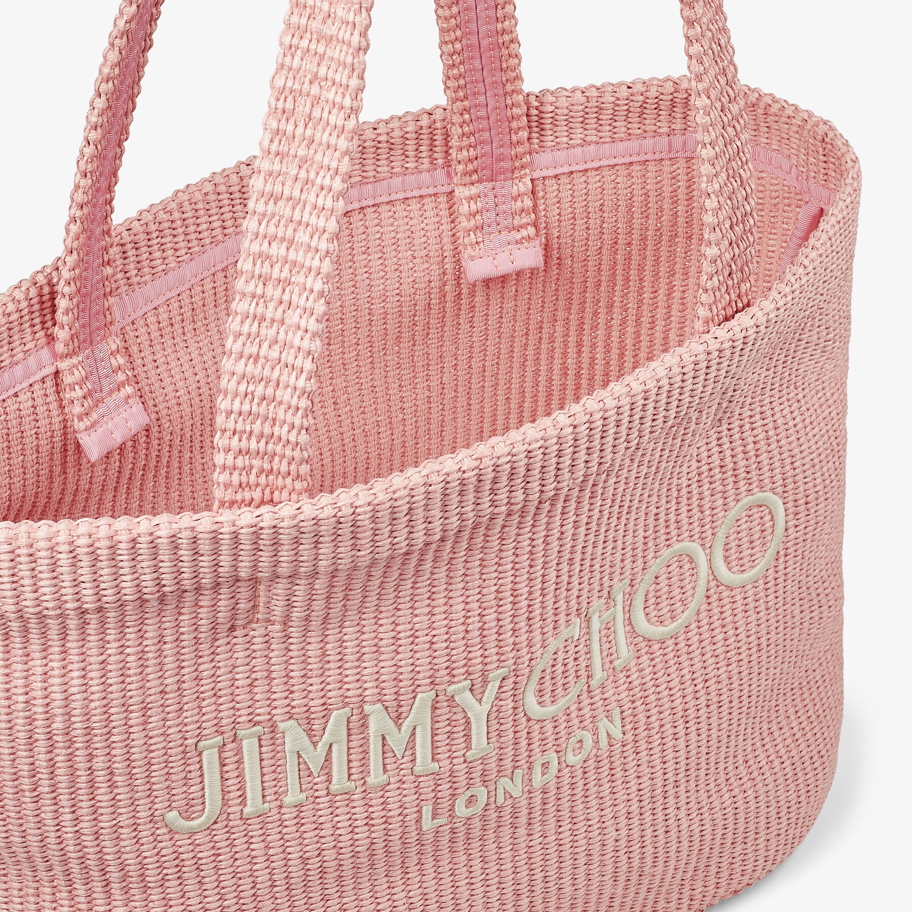 Beach Tote E/W | Rose/Latte Raffia Embroidered Tote Bag | JIMMY CHOO US