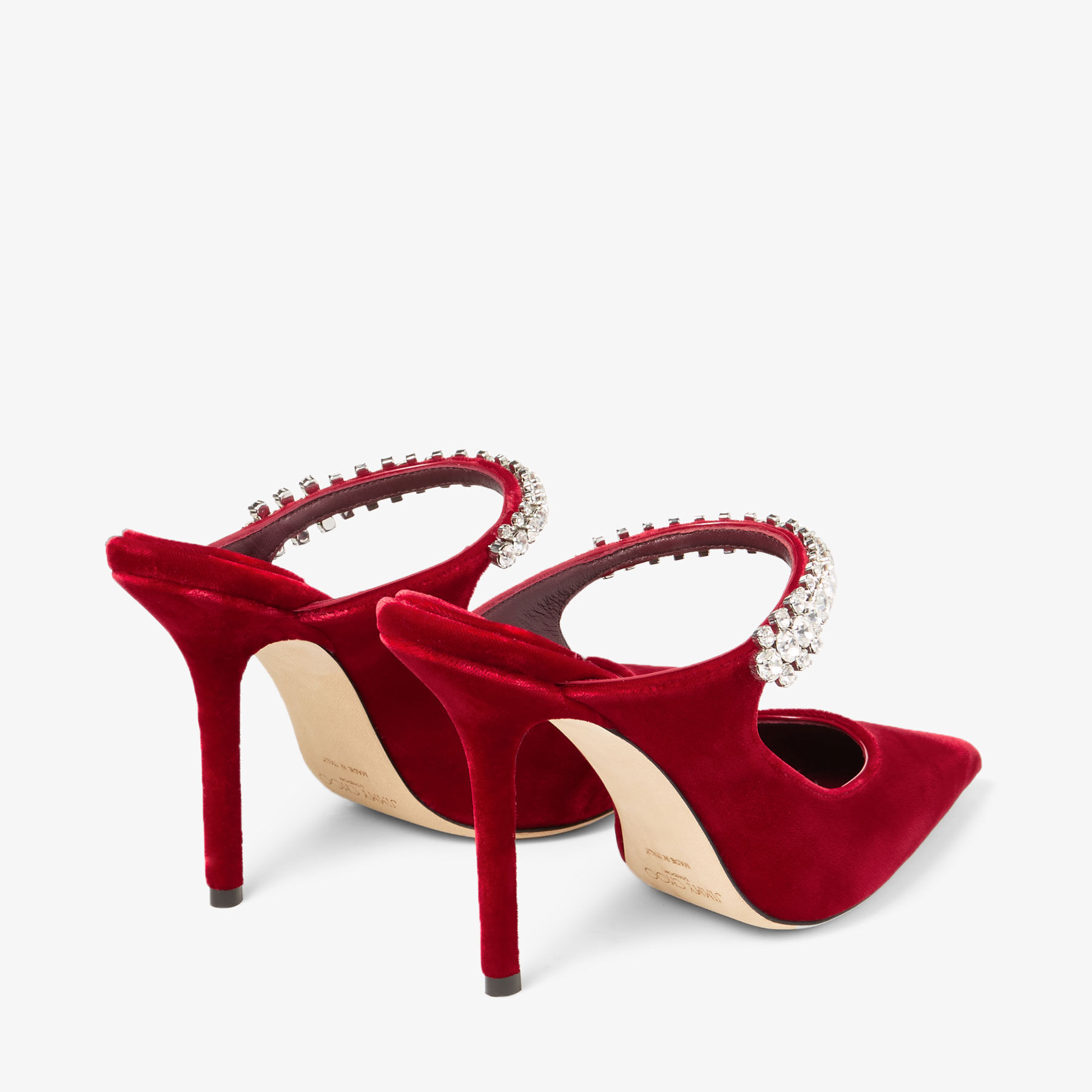 Bing 100 | Ruby Red Velvet Mules with Crystal Embellishment | JIMMY CHOO