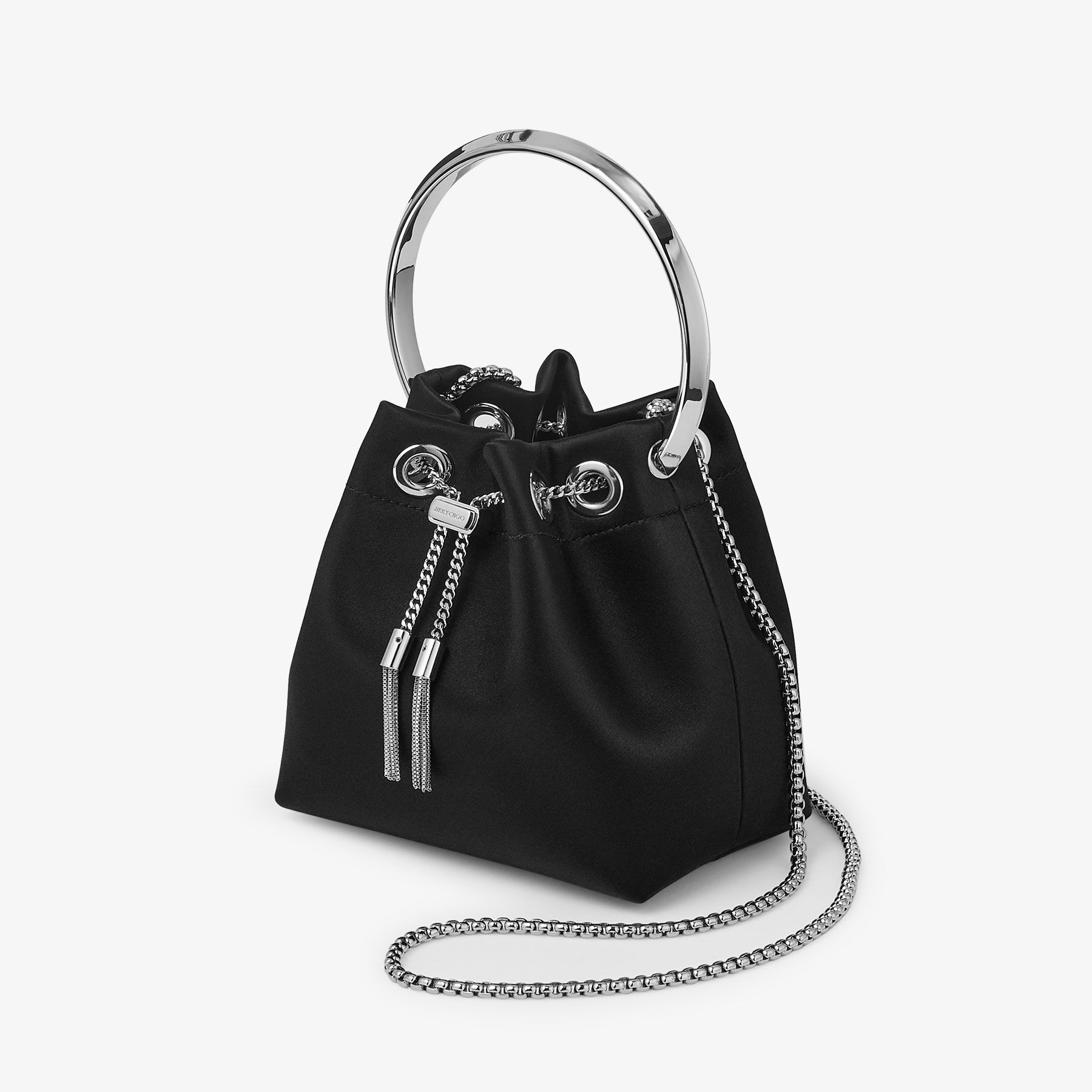 Bon Bon | Black Satin Handbag with Metal Handle | JIMMY CHOO
