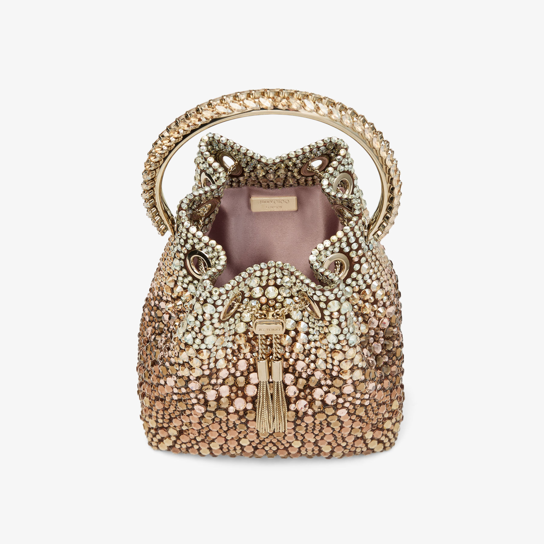 Bon Bon | Bronze Satin Handbag with Degrade Crystals | JIMMY CHOO