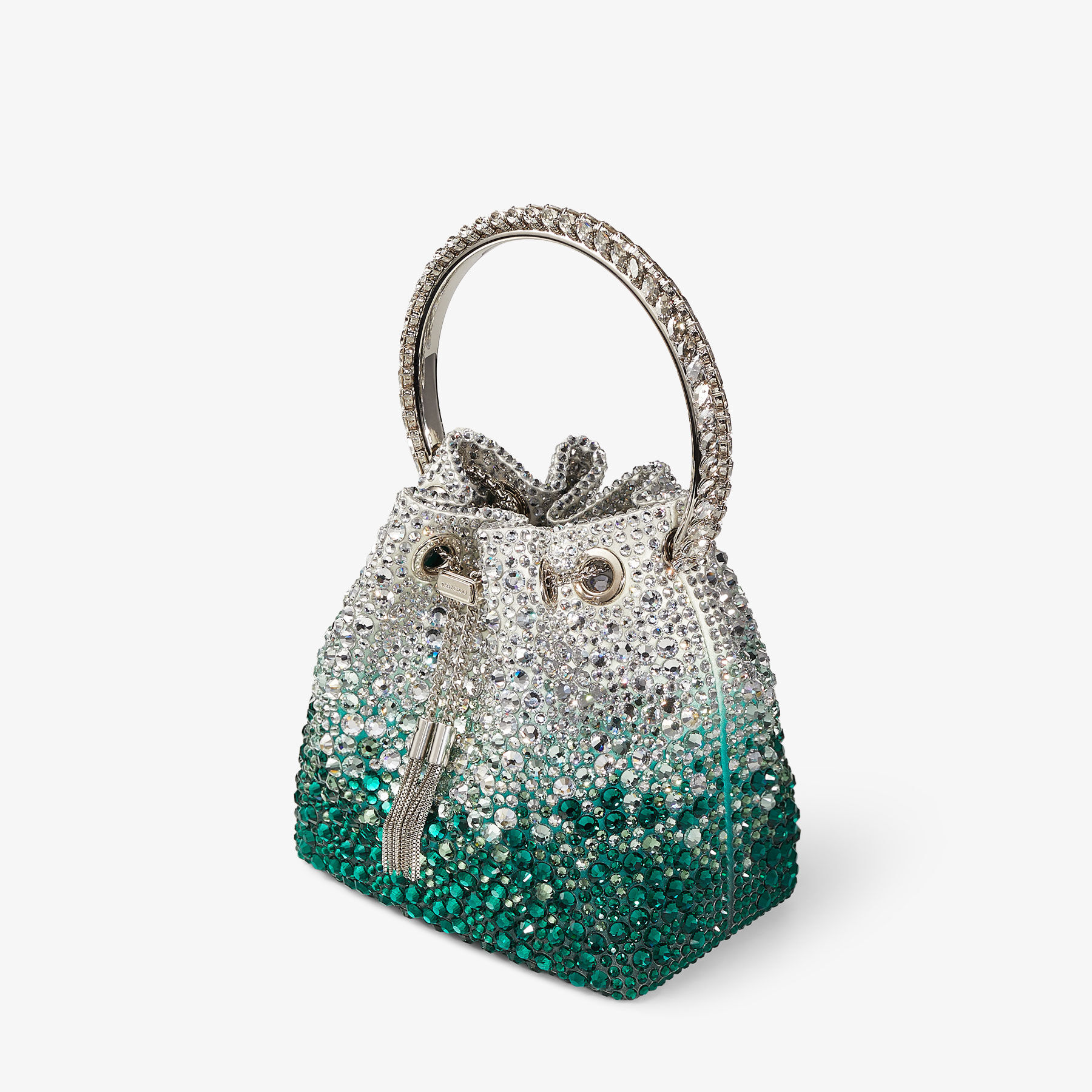 BON BON | Emerald and Silver Satin Bag with Crystals | JIMMY CHOO