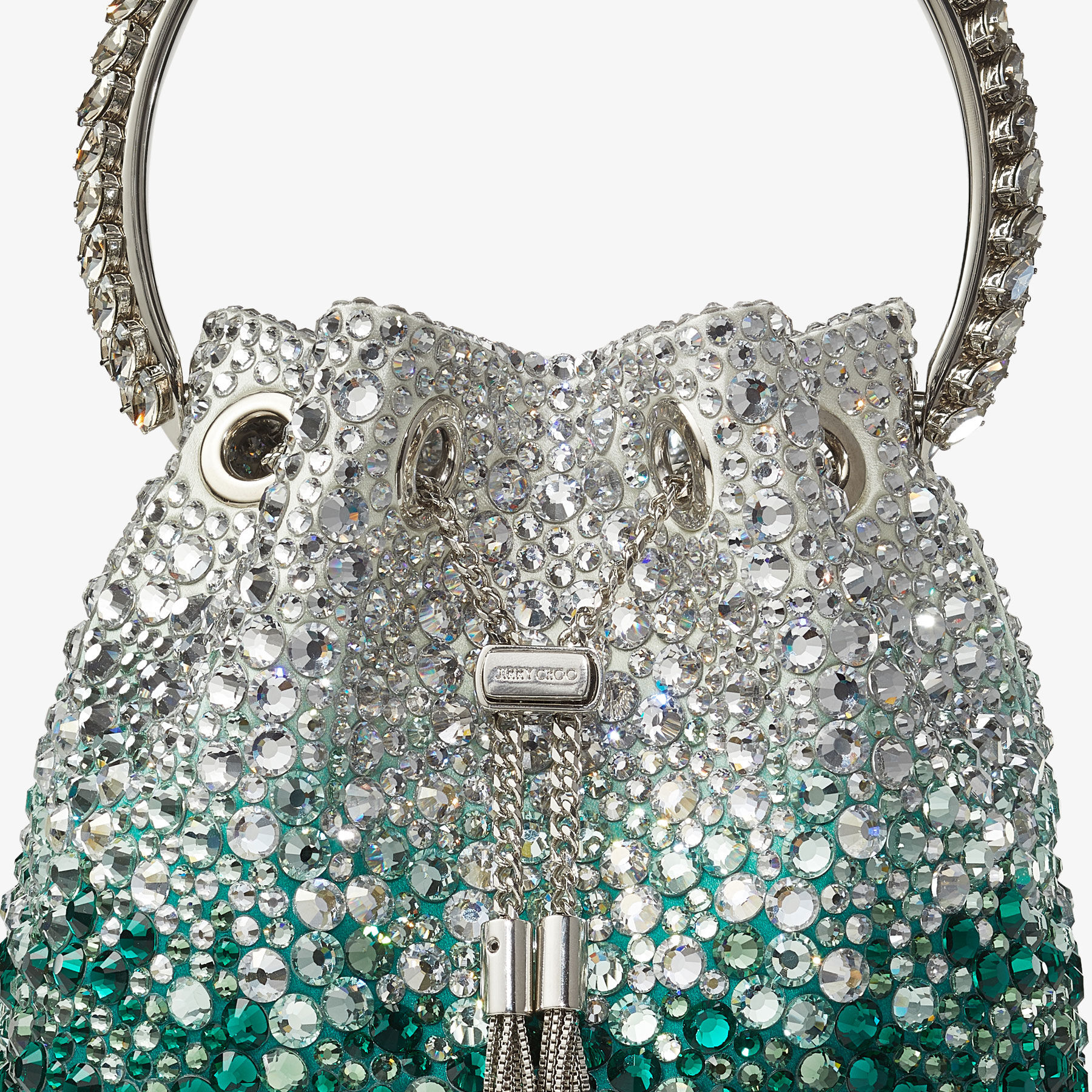 BON BON | Emerald and Silver Satin Bag with Crystals | JIMMY CHOO