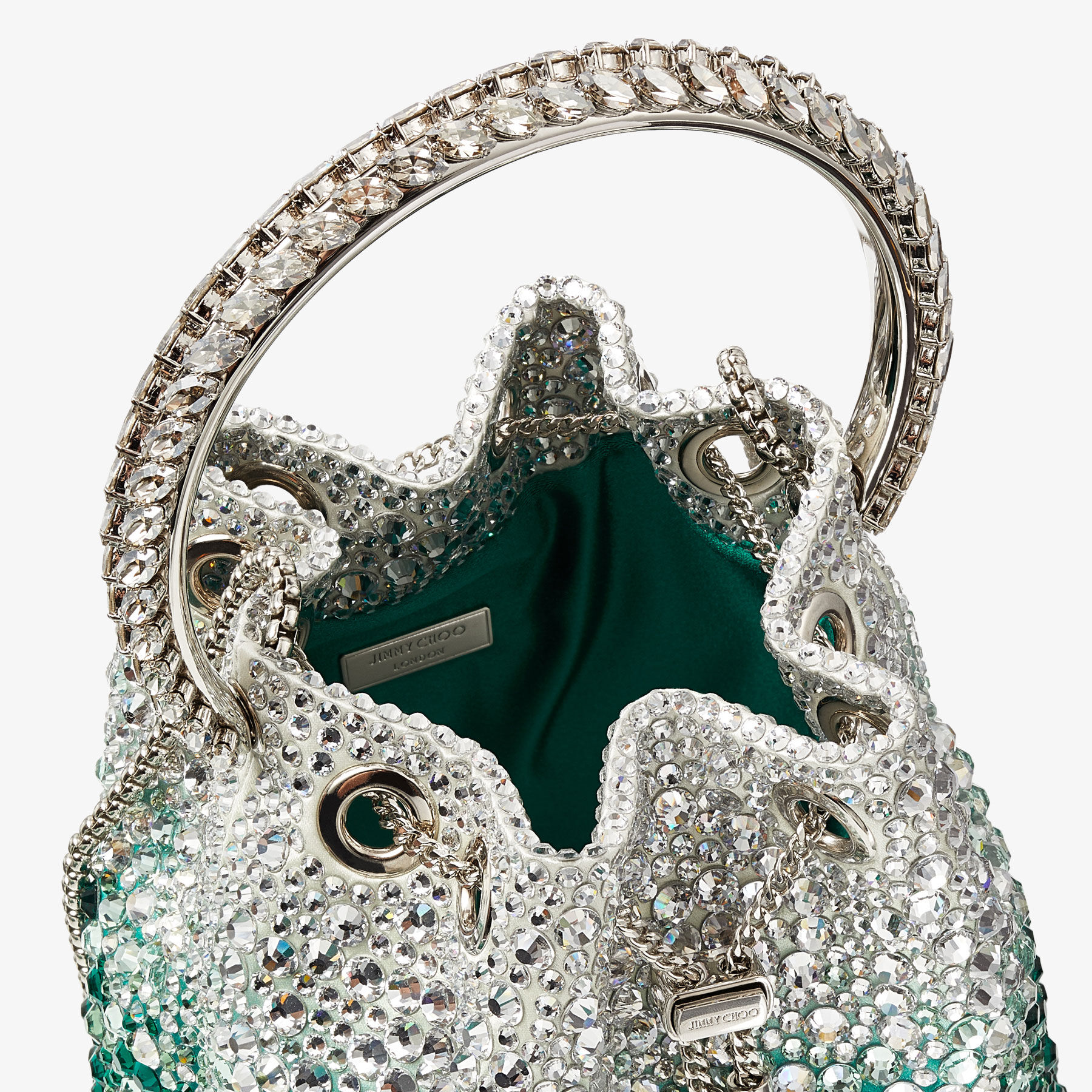 BON BON | Emerald and Silver Satin Bag with Crystals | JIMMY CHOO