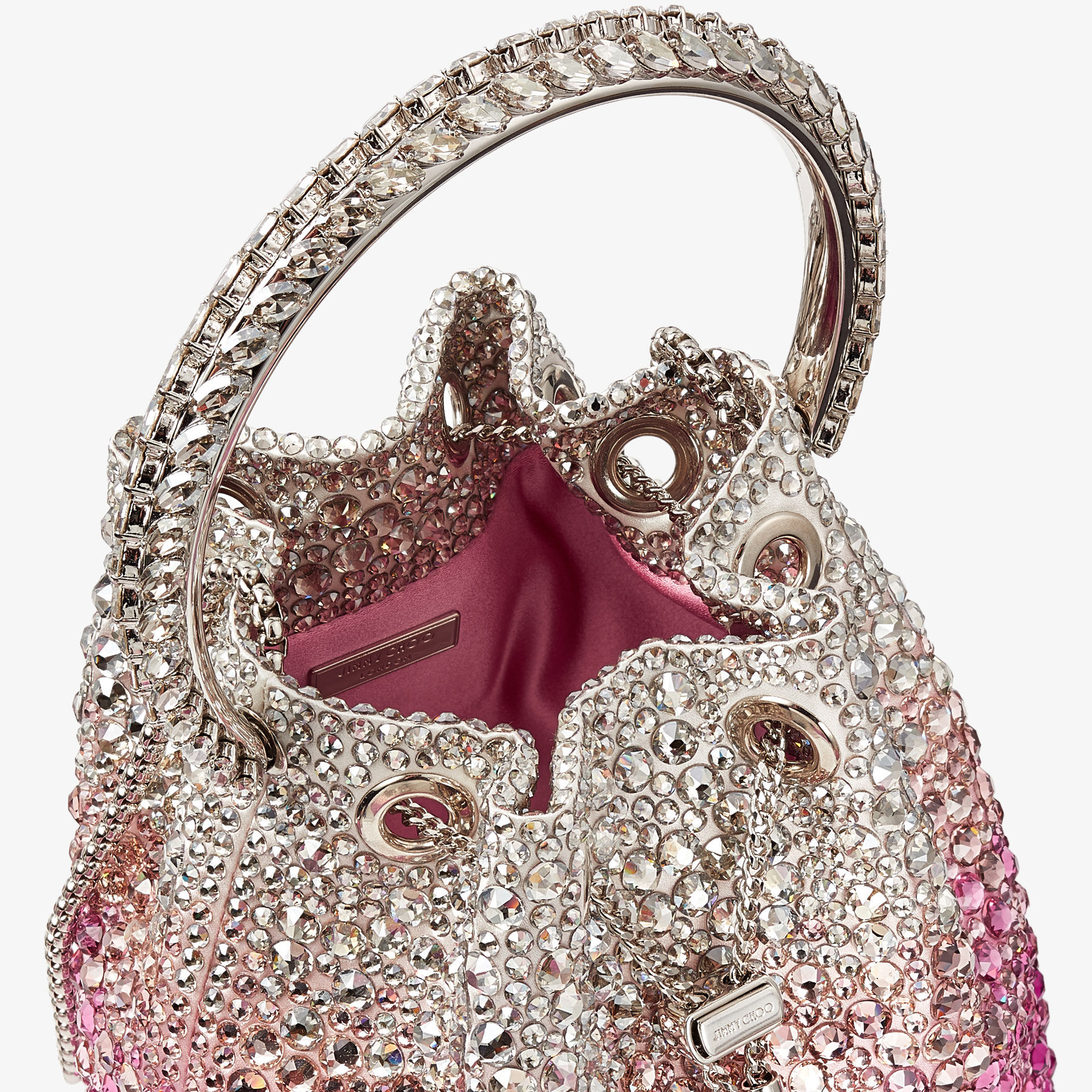 BON BON | Candy Pink and Silver Satin Bag with Crystals | JIMMY CHOO
